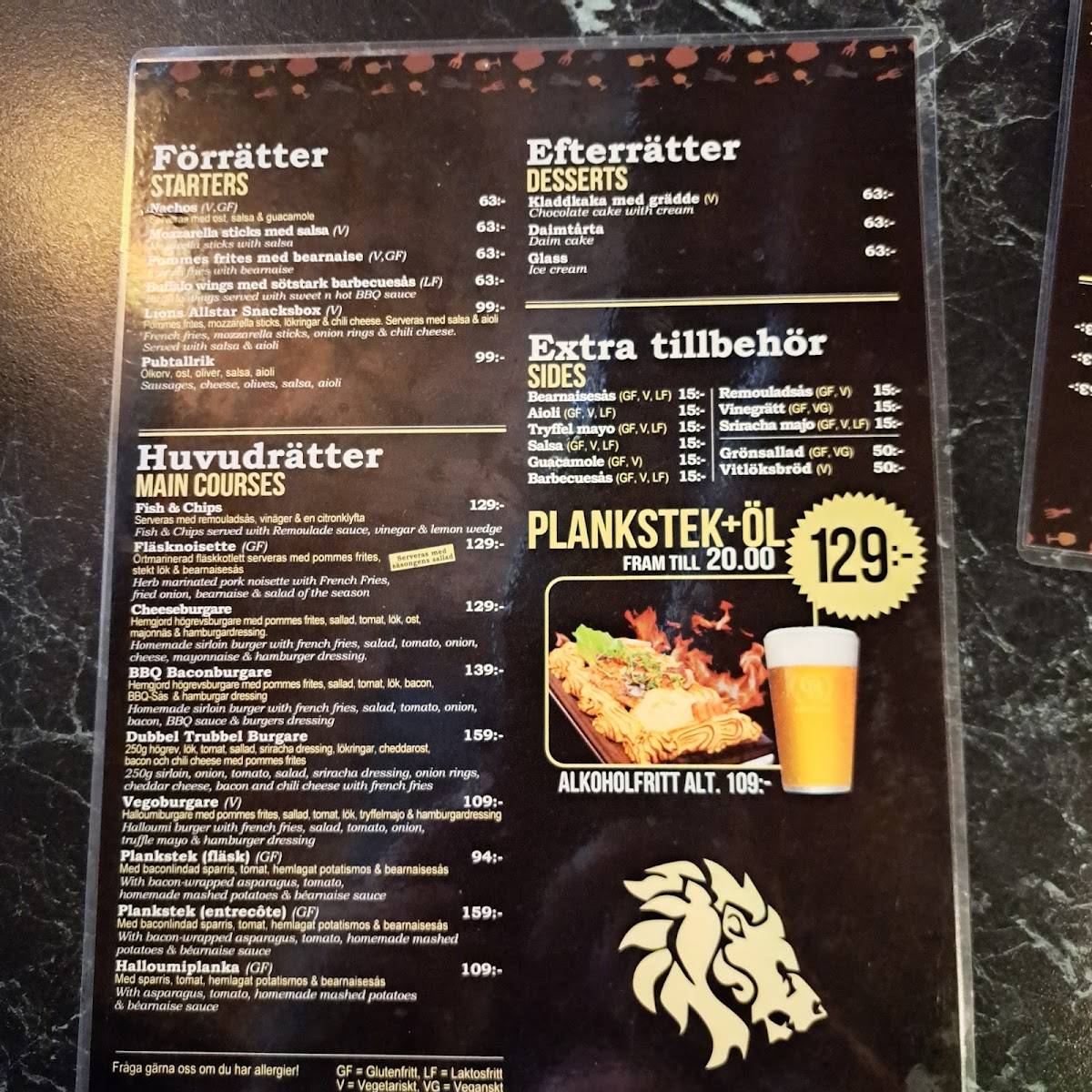 Menu at Lion bar Skellefteå, Skellefteå, Kanalgatan 51