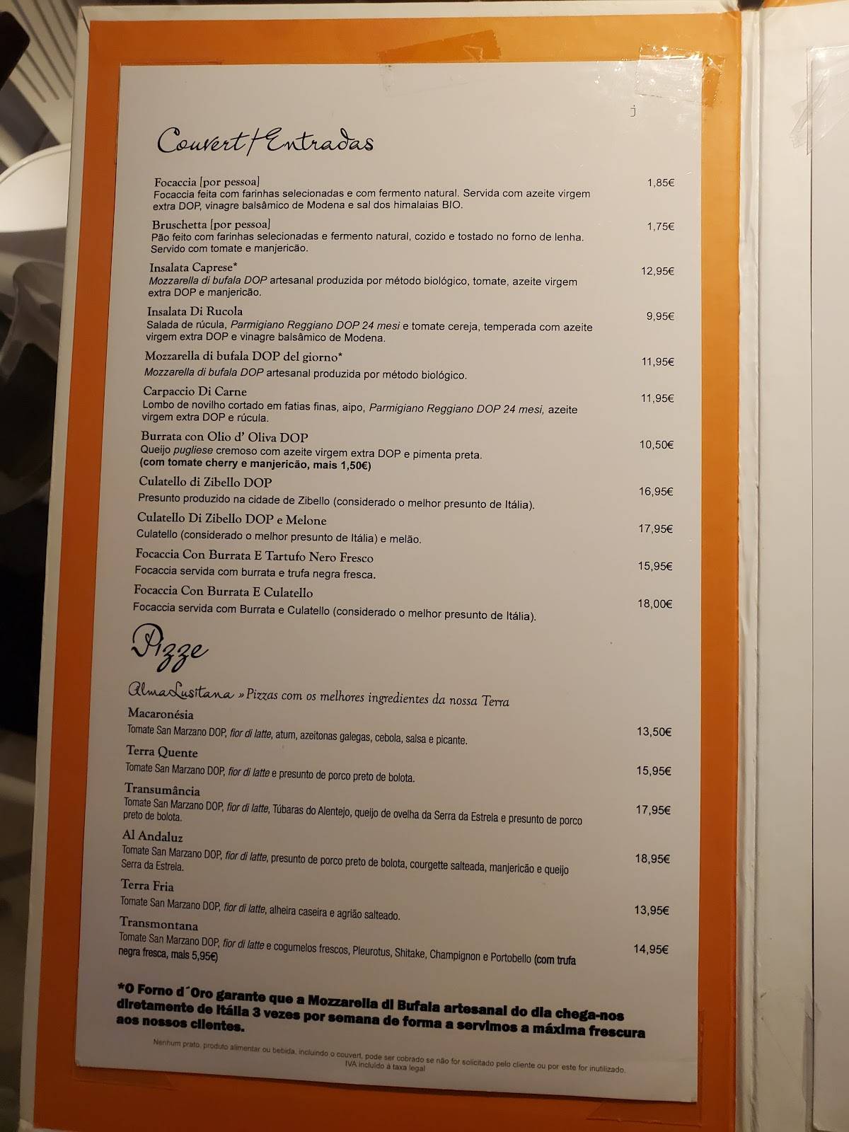 Menu em Forno d'Oro pizzaria, Lisboa