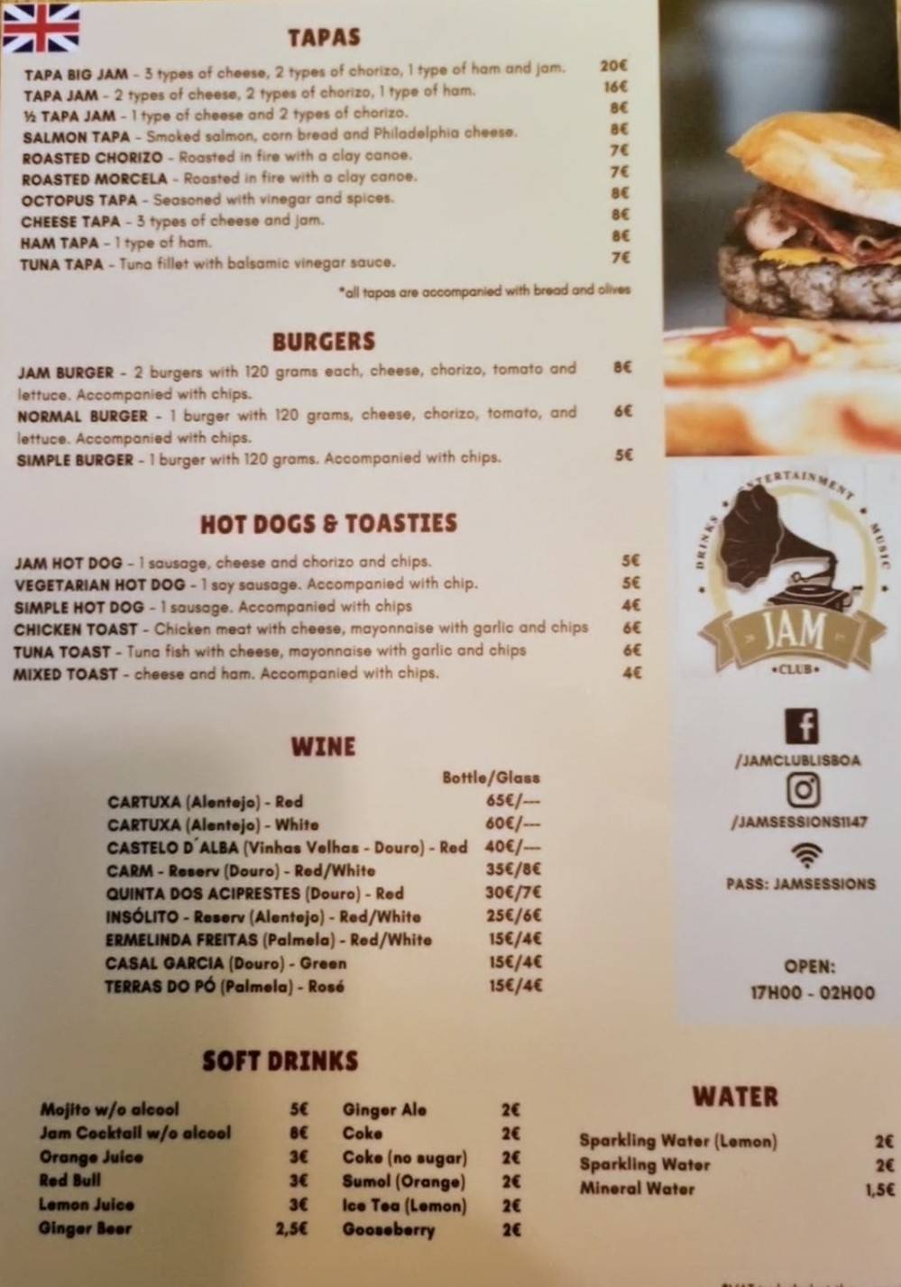 Menu at Jam Club, Lisbon