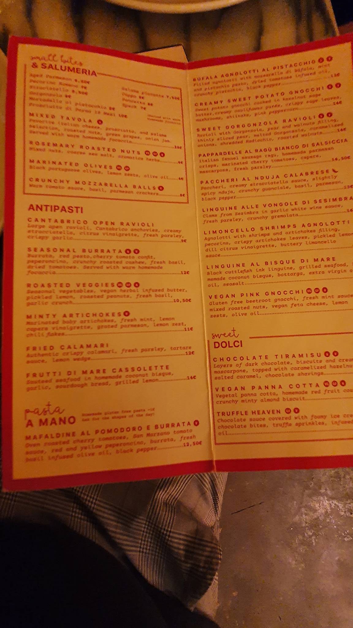 Menu at Leonetta restaurant, Lisbon