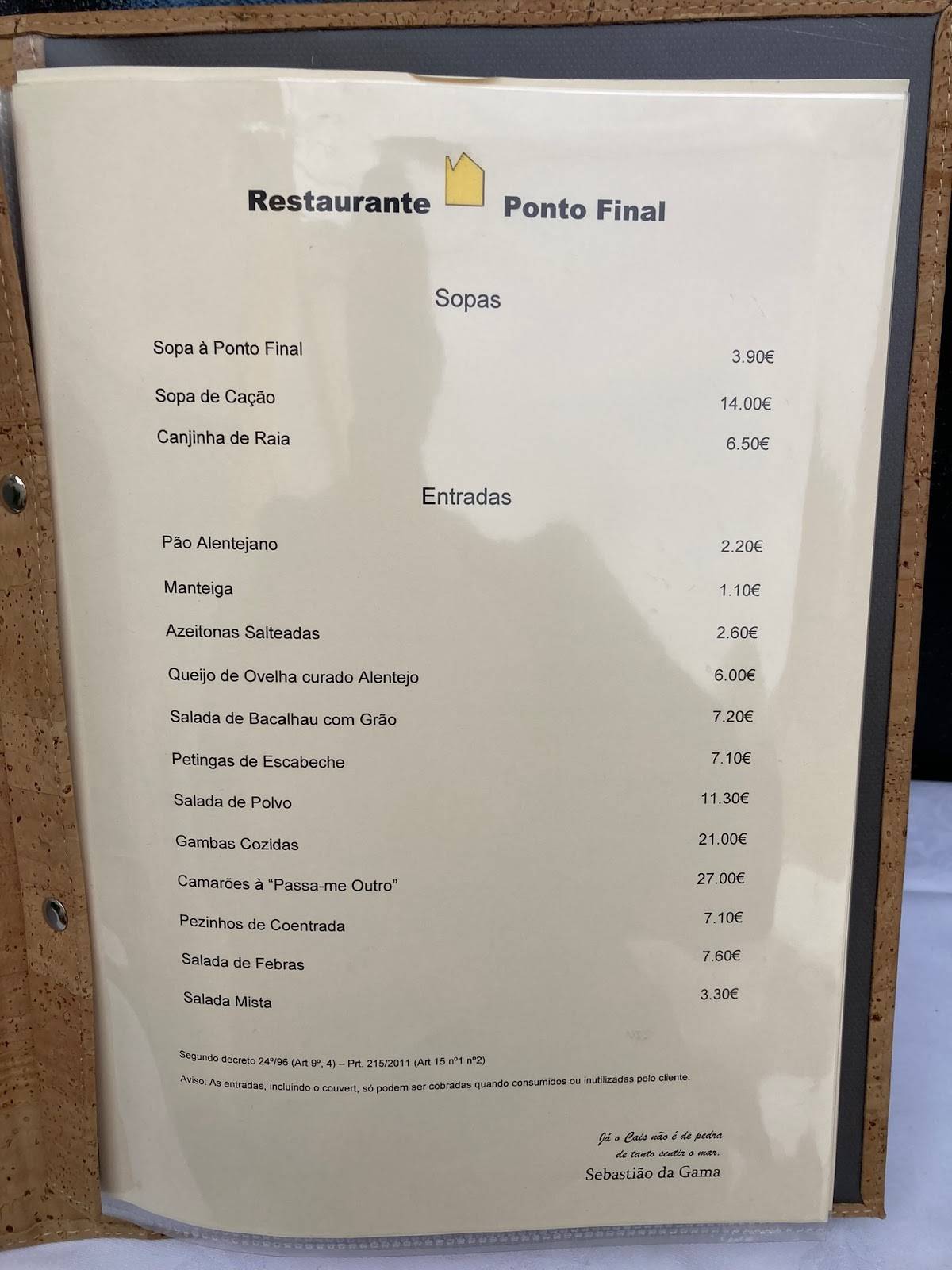 Menu at Restaurante Ponto Final, Almada