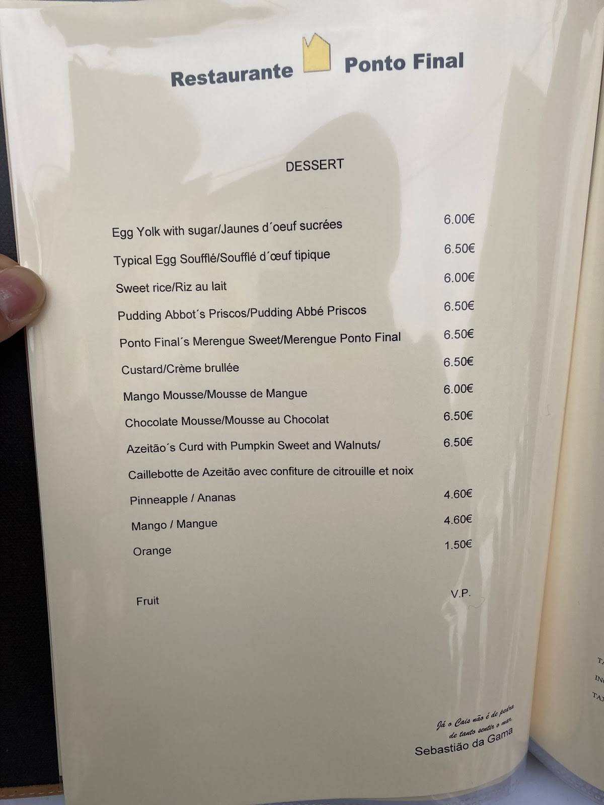 Menu at Restaurante Ponto Final, Almada