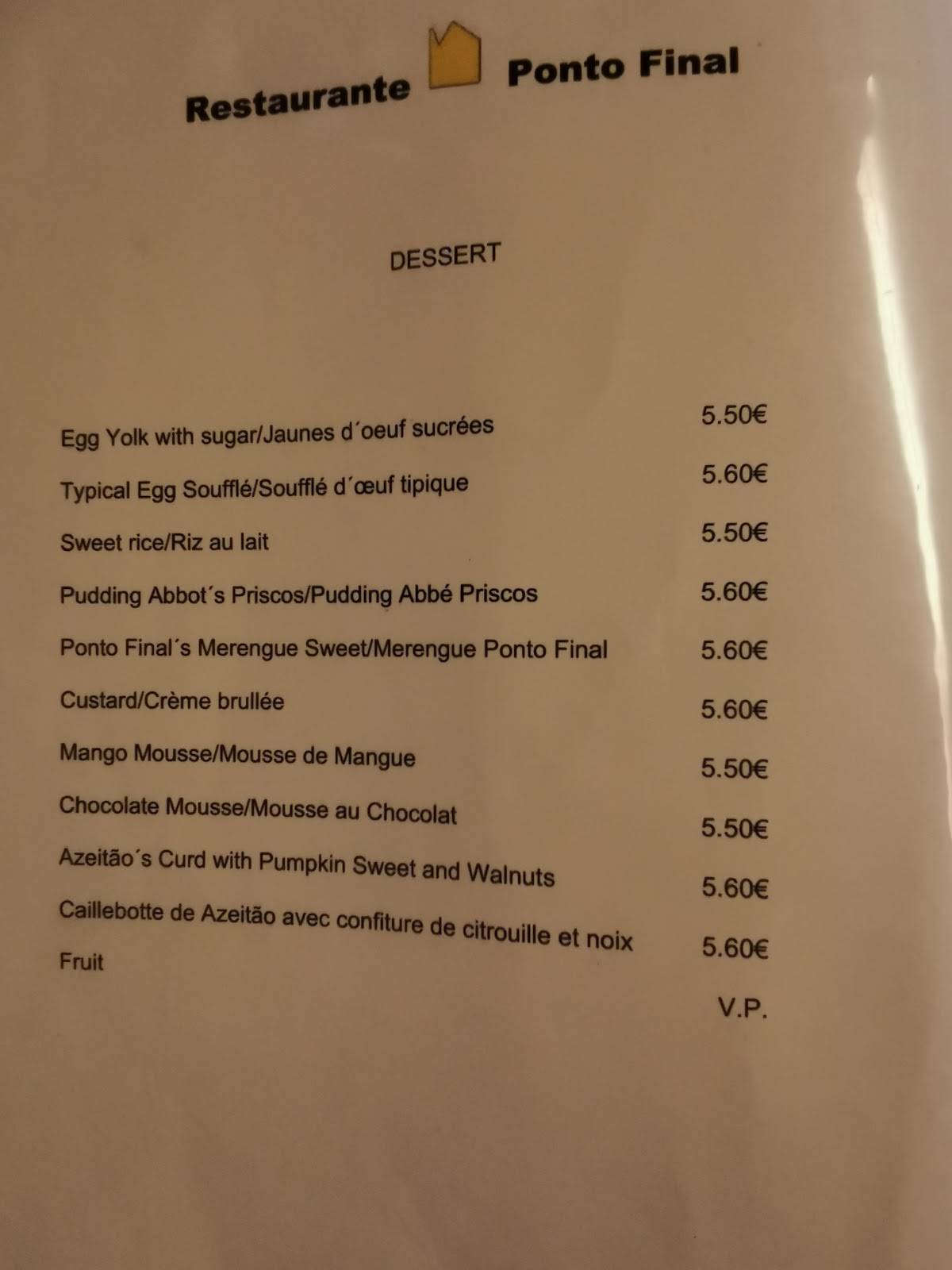 Menu at Restaurante Ponto Final, Almada