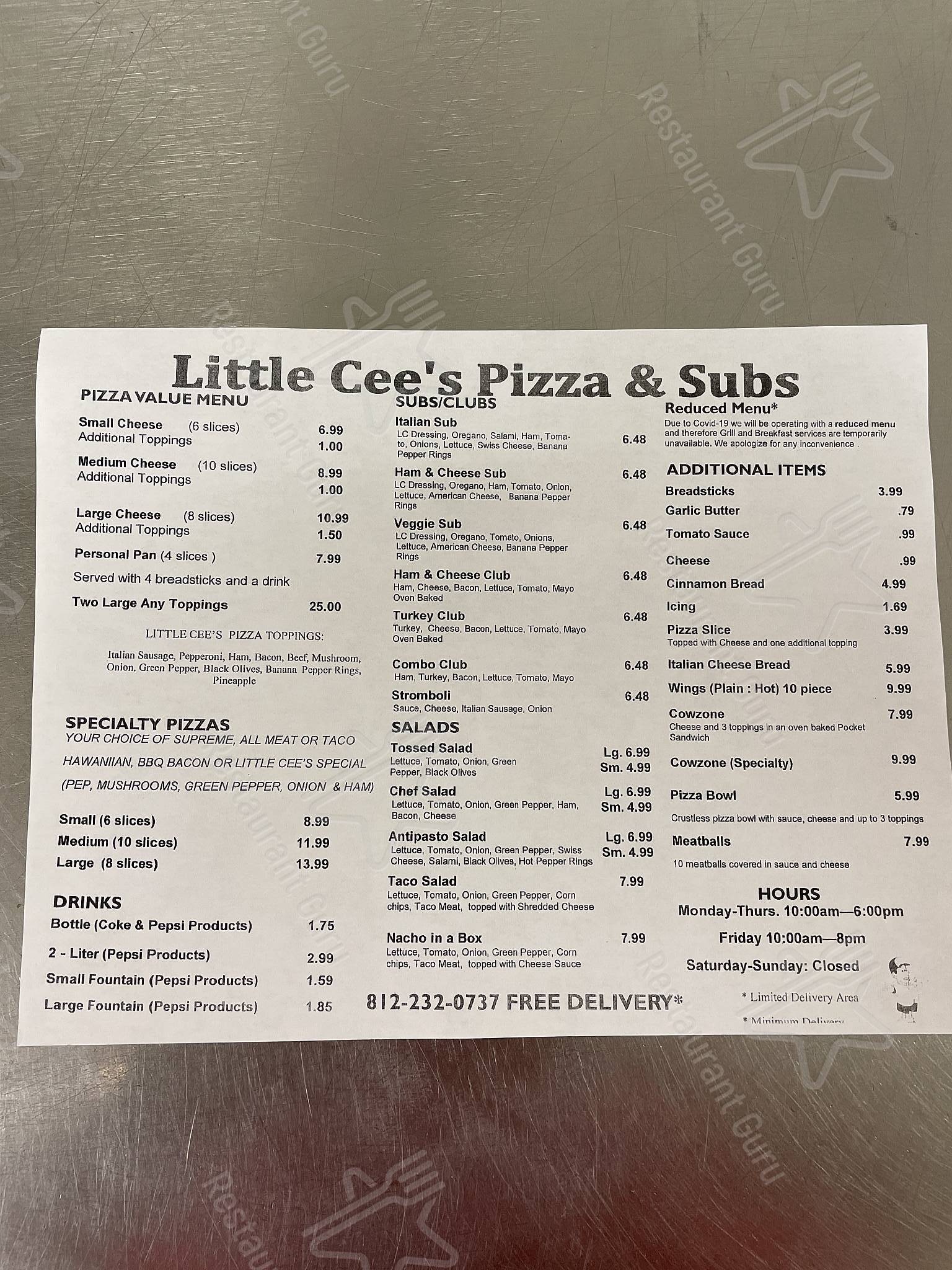 Menu at Little Cee's Pizza & Subs restaurant, Terre Haute, Krumbhaar St