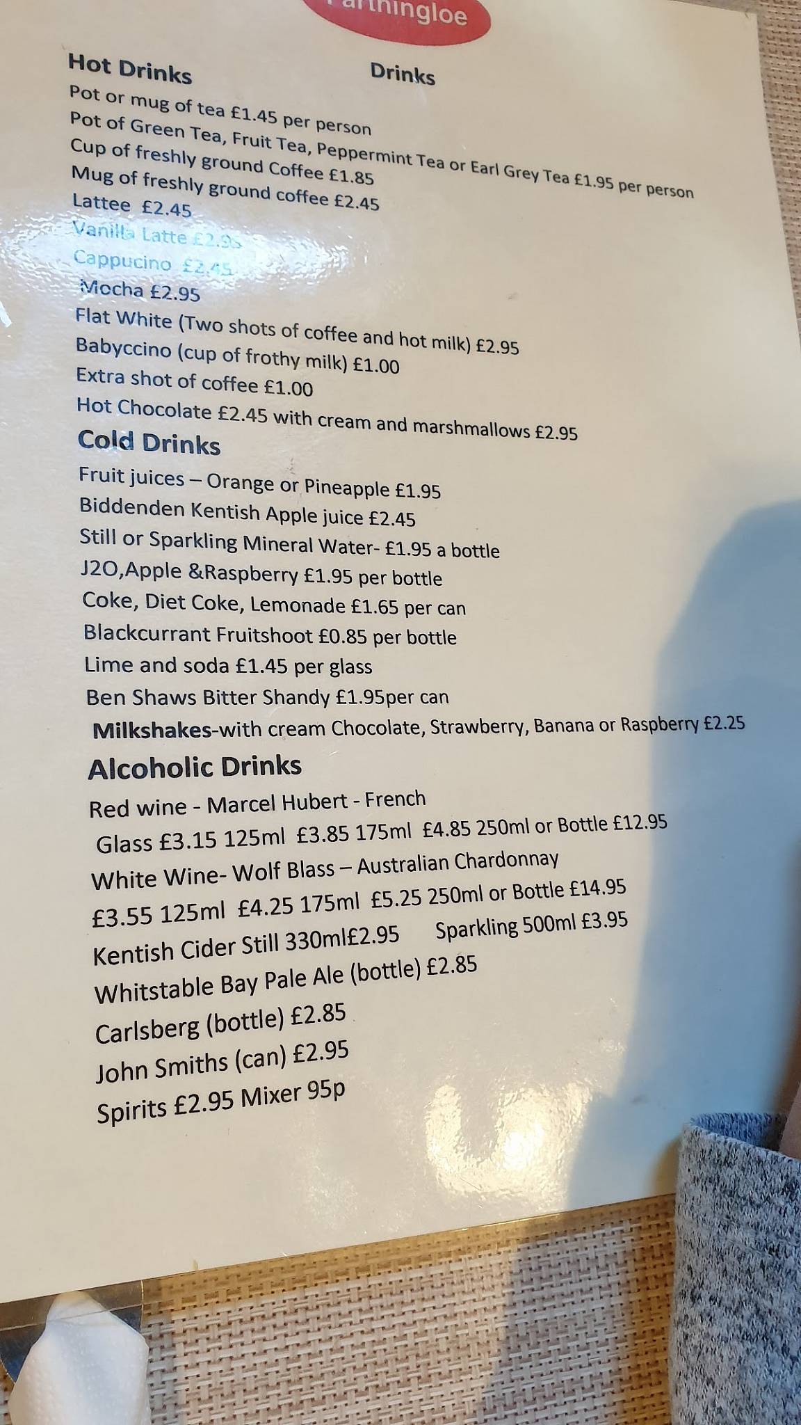 Menu at Little Farthingloe Farm restaurant, Dover