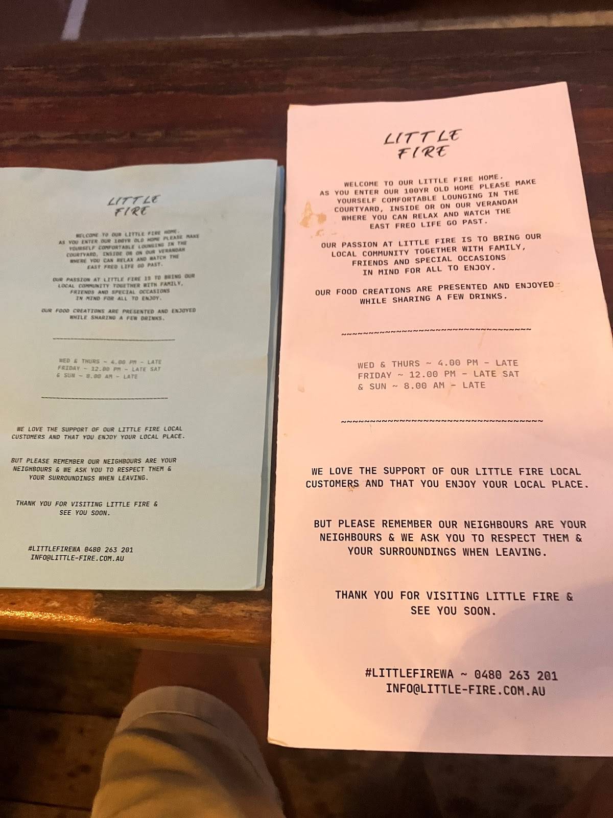 Menu at Little Fire restaurant, East Fremantle