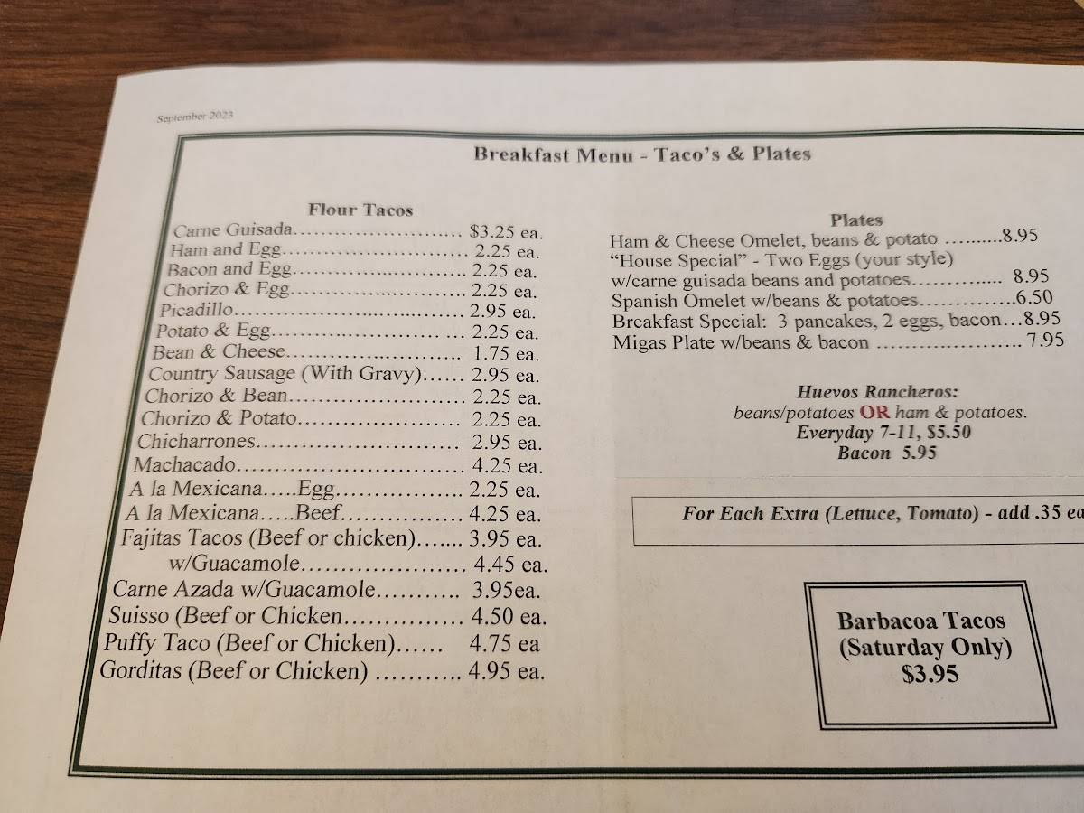 Menu at Little Fish Factory restaurant, San Antonio