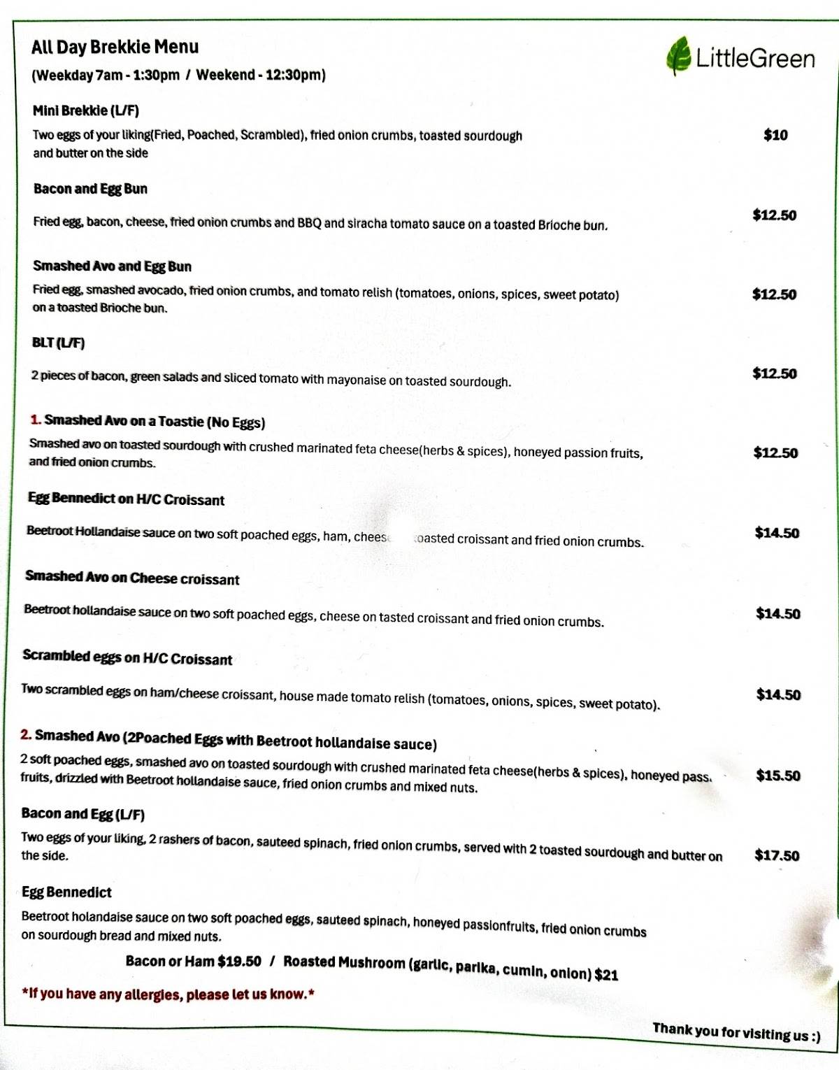 Menu at Little Green Cafe, Upper Mount Gravatt
