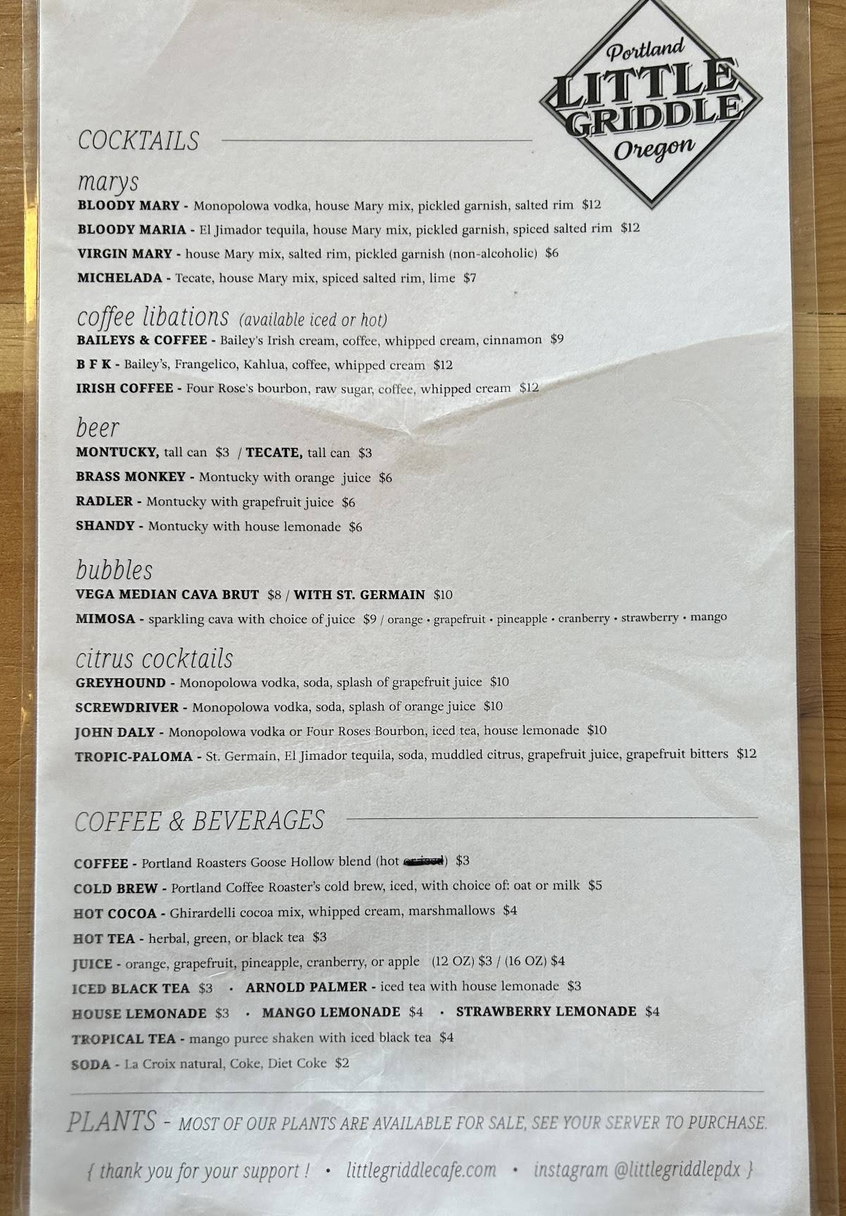 Menu at Little Griddle pub & bar, Portland, SE Hawthorne Blvd