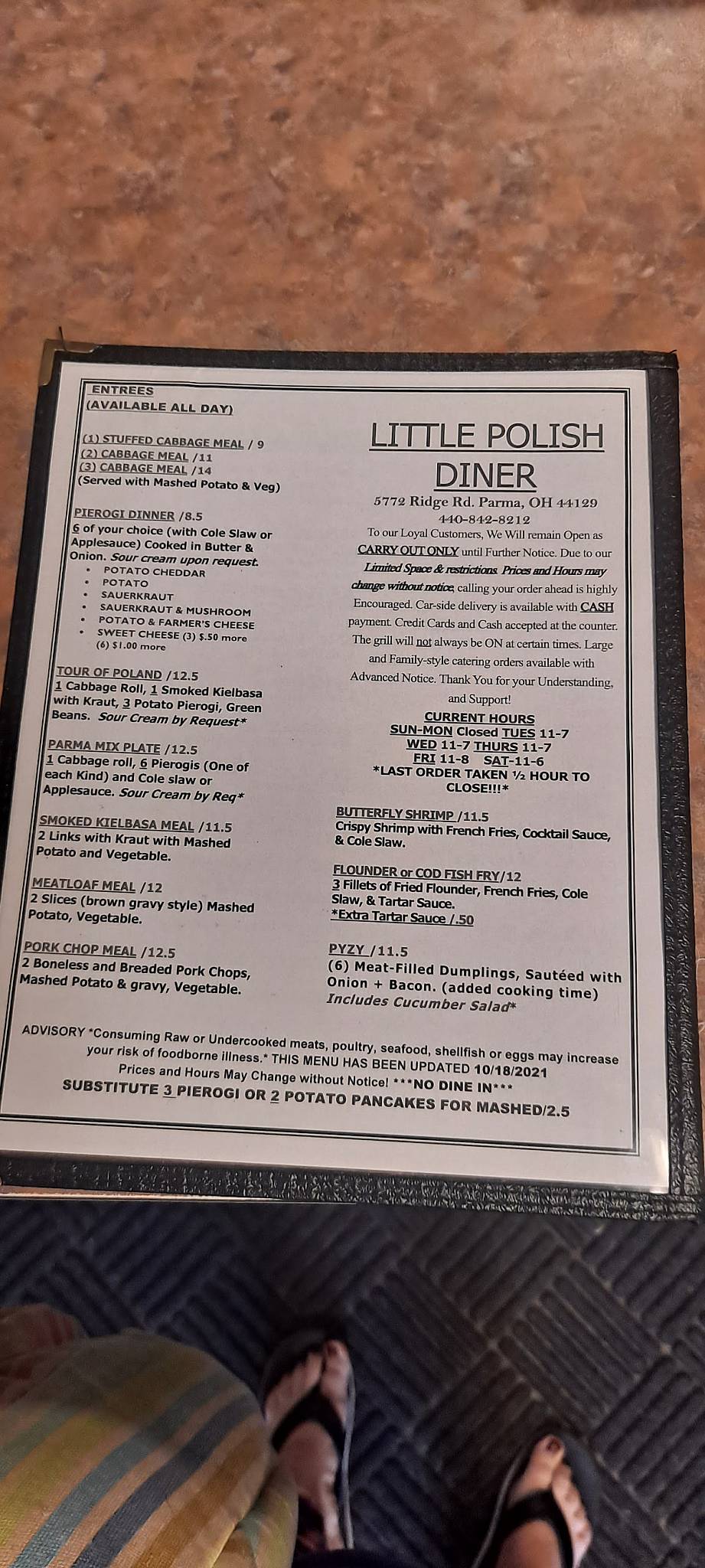 Menu at Little Polish Diner restaurant, Parma