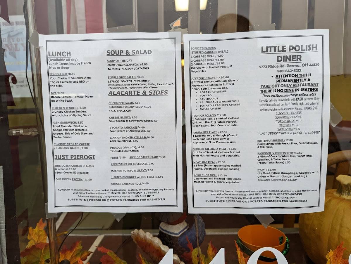 Menu at Little Polish Diner restaurant, Parma