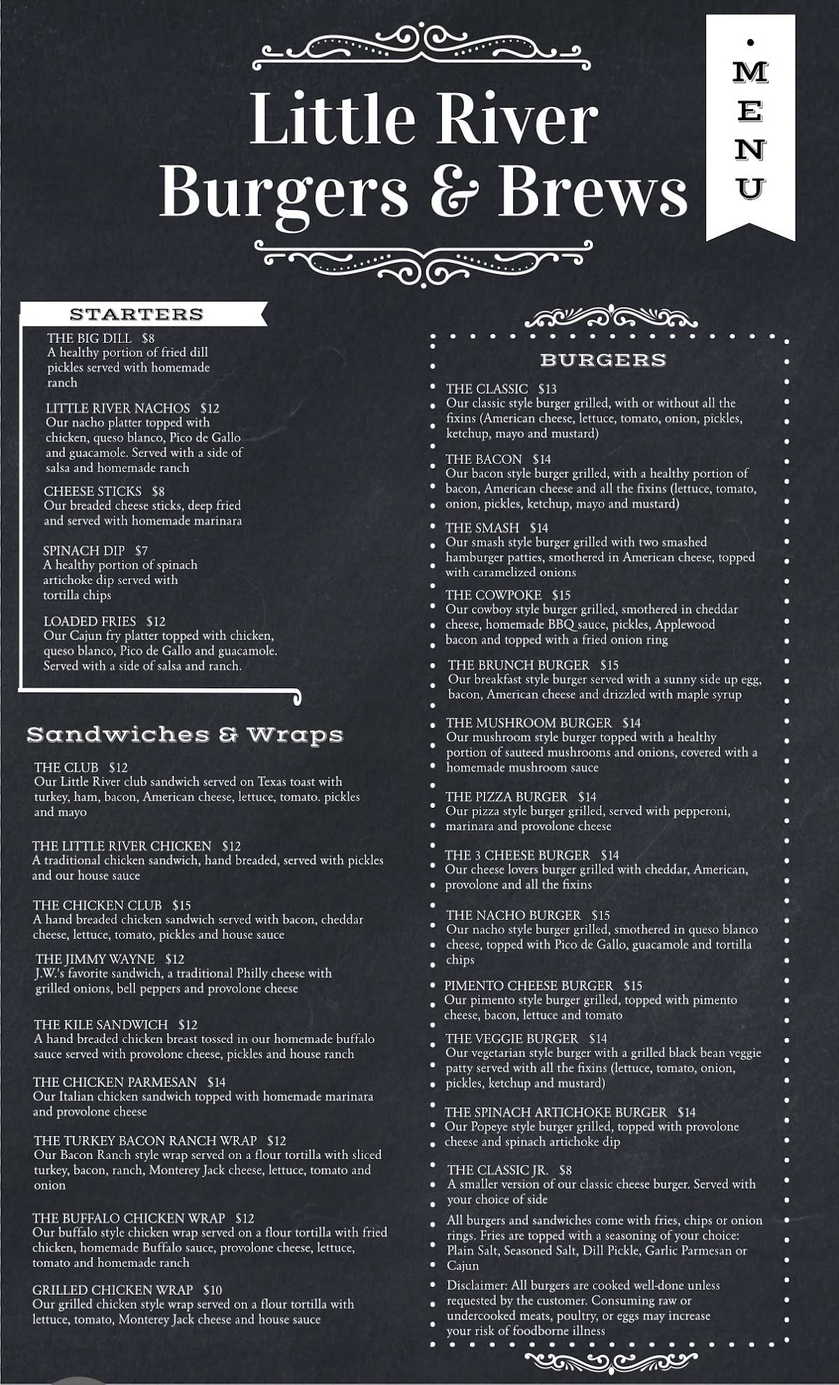 Menu at Little River Burgers & Brews restaurant, Fort Payne