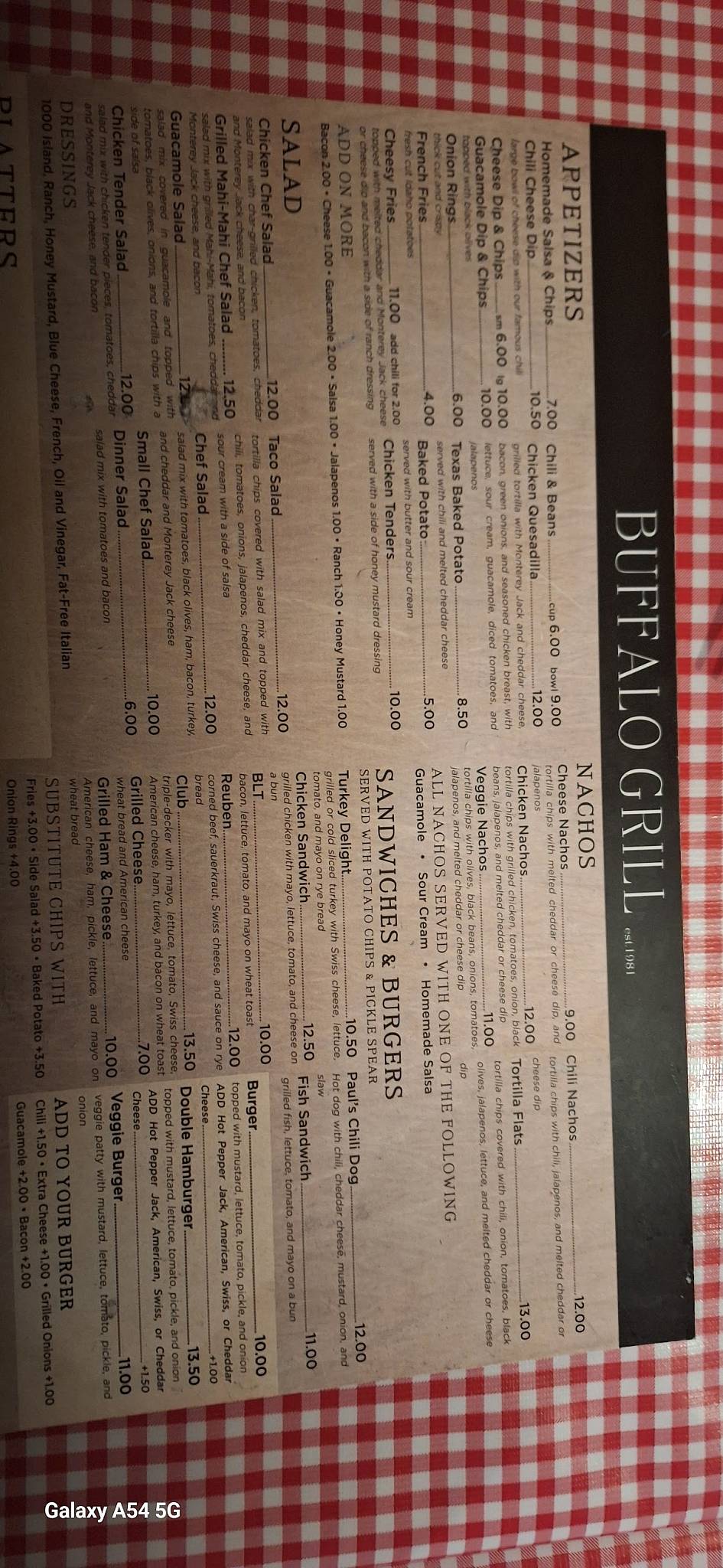 Menu at Buffalo Grill restaurant, Little Rock, Rebsamen Park Rd