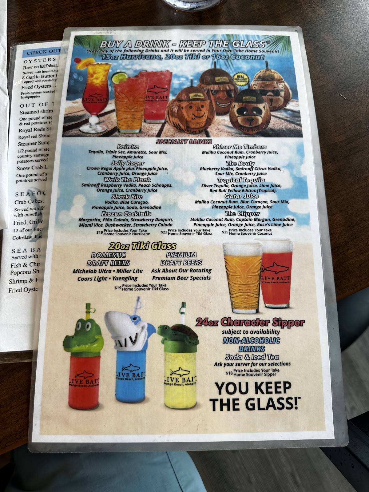 Menu at Live Bait Restaurant, Orange Beach, Perdido Beach Blvd