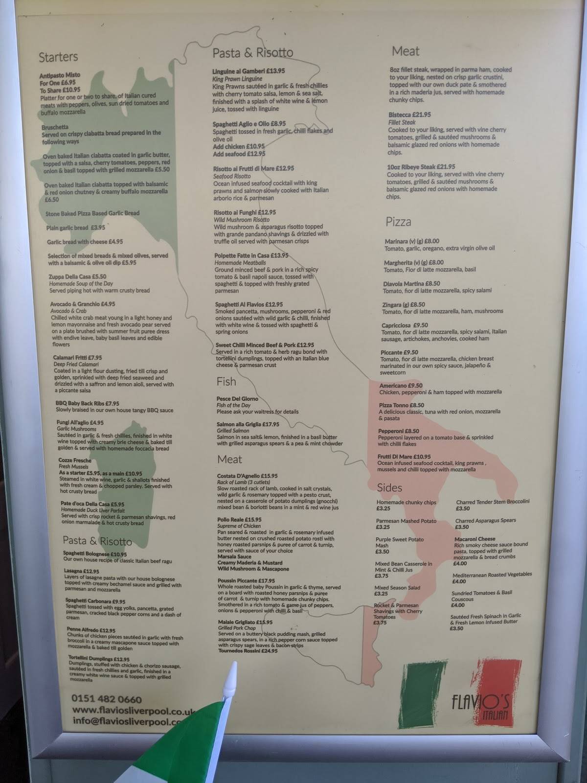 Menu at Flavio's restaurant, Liverpool