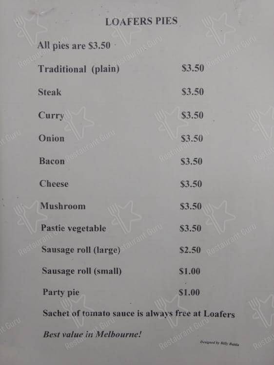 Menu at Loafers Bakery & Deli, Malvern East