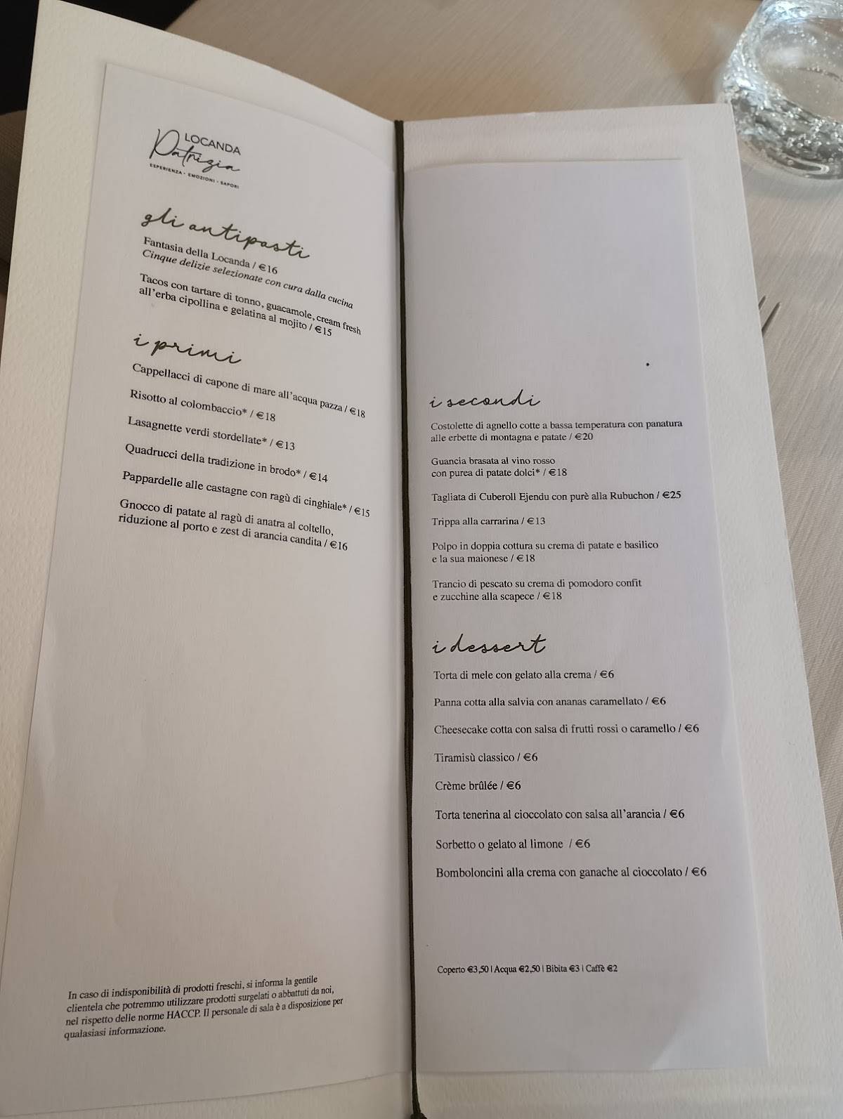 Menu da Locanda Patrizia ristorante, Carrara