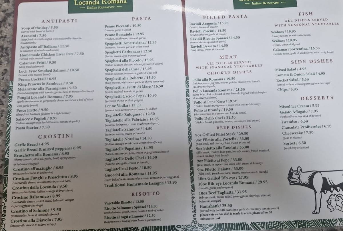 Menu at Locanda Romana restaurant, Hawick