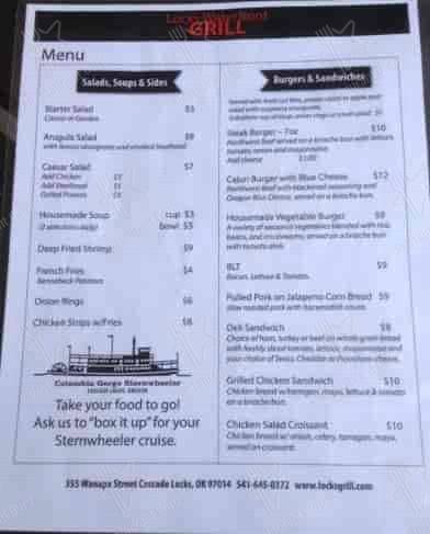 Menu at Locks Waterfront Grill pub & bar, Cascade Locks