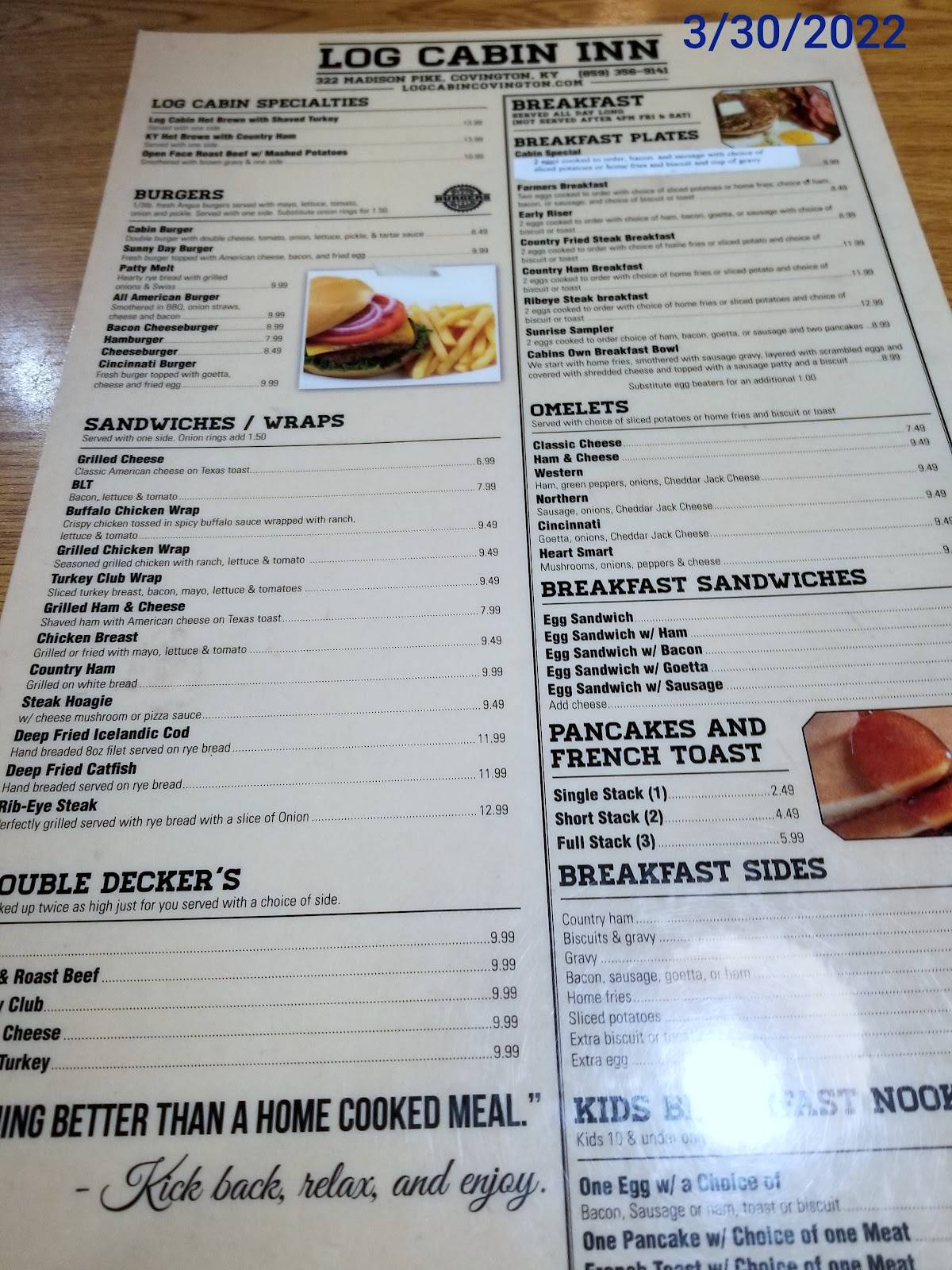 Menu at Log Cabin Inn steakhouse, Covington, 322 Madison Pike