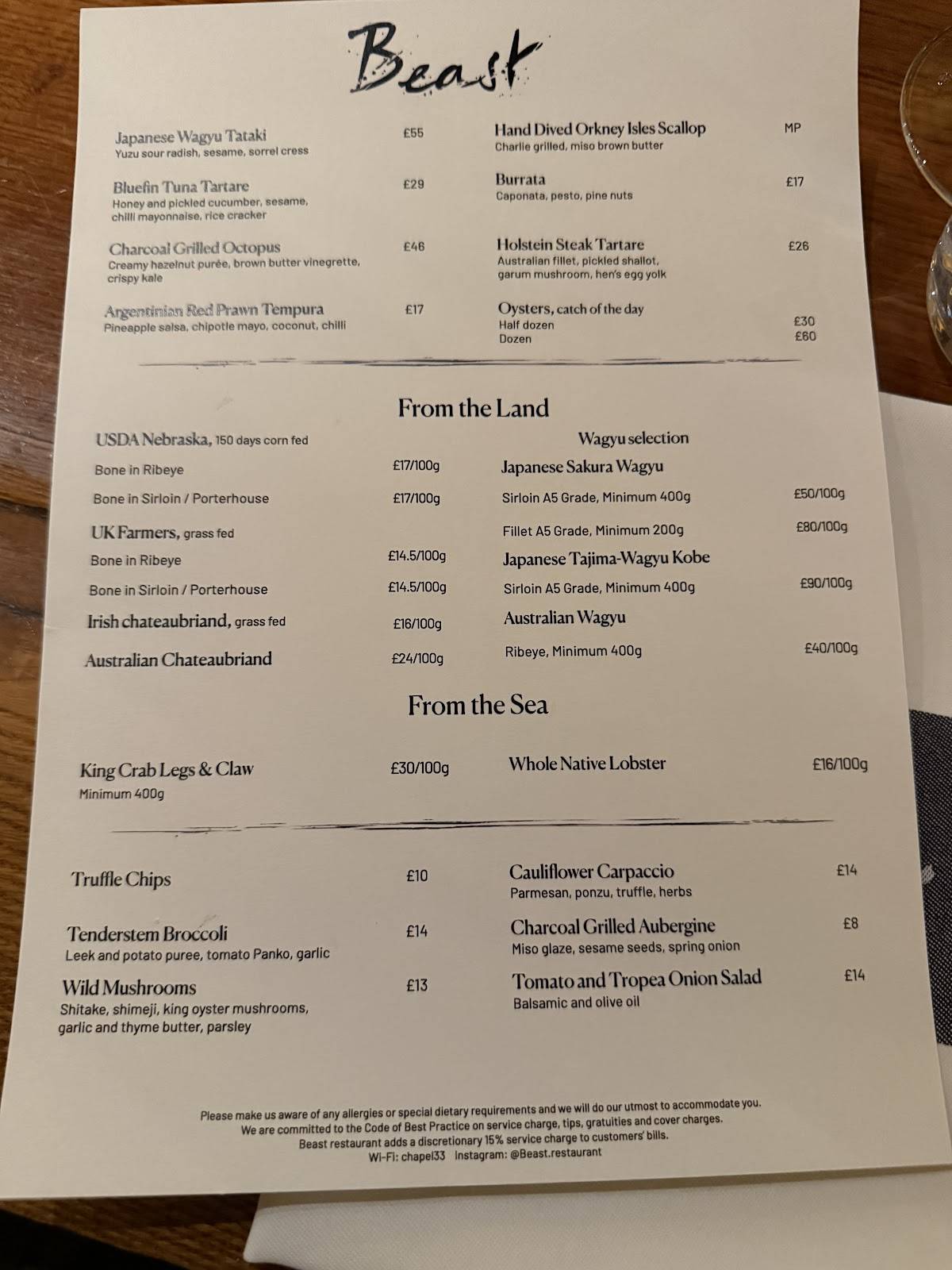 Menu at Beast steakhouse, London
