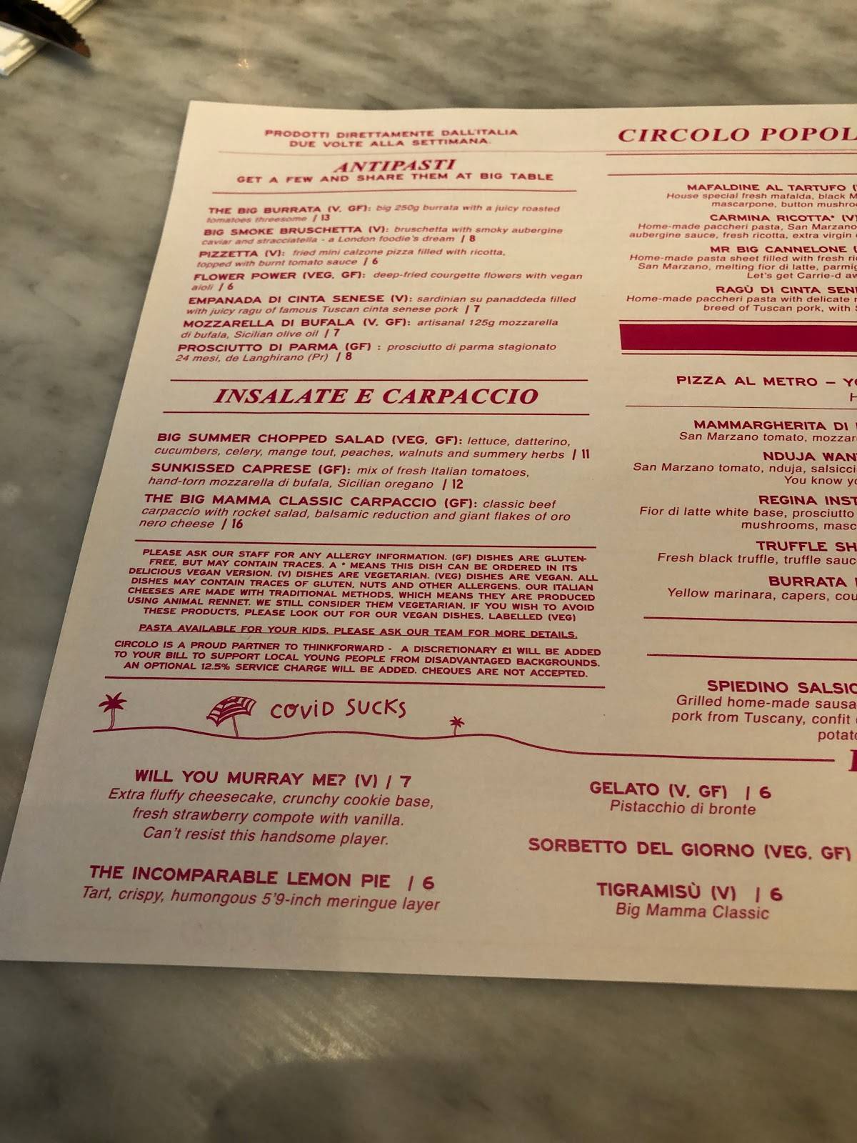 Menu at Circolo Popolare restaurant, London