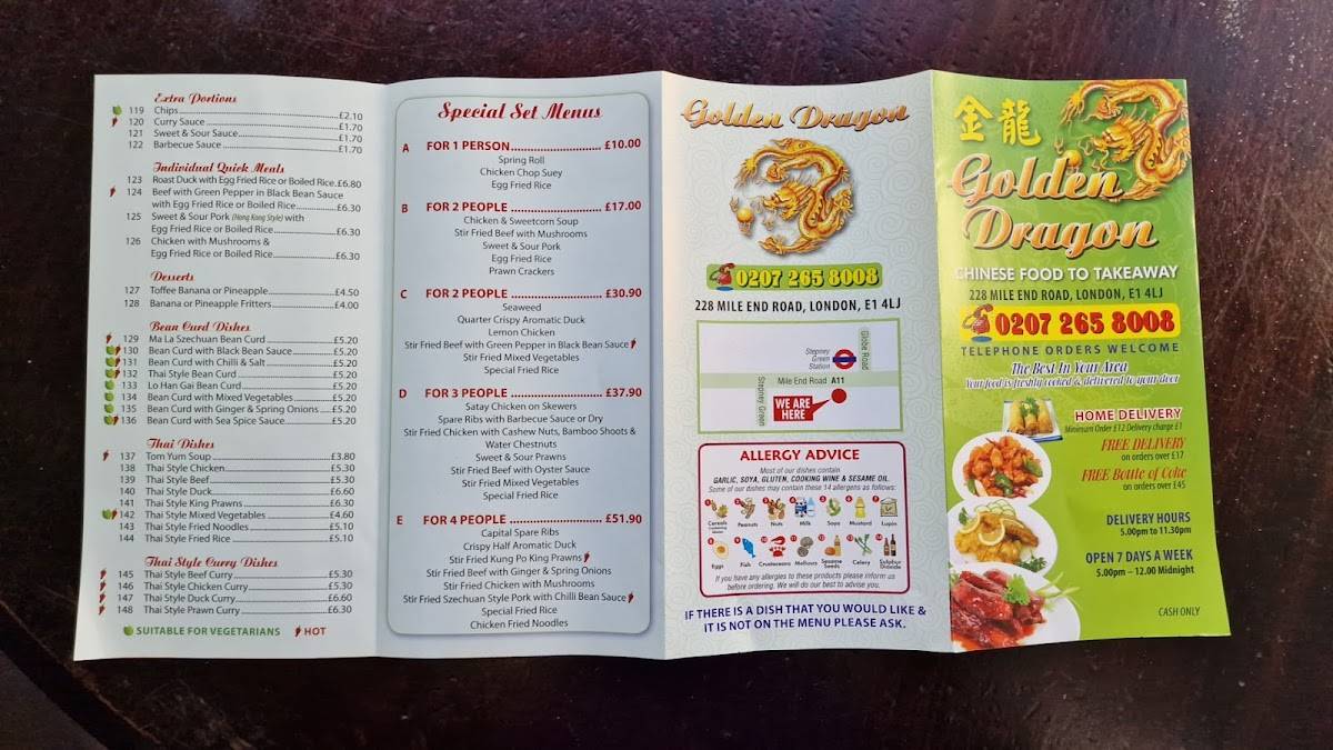 Menu at Golden Dragon fast food, London, 228 Mile End Rd