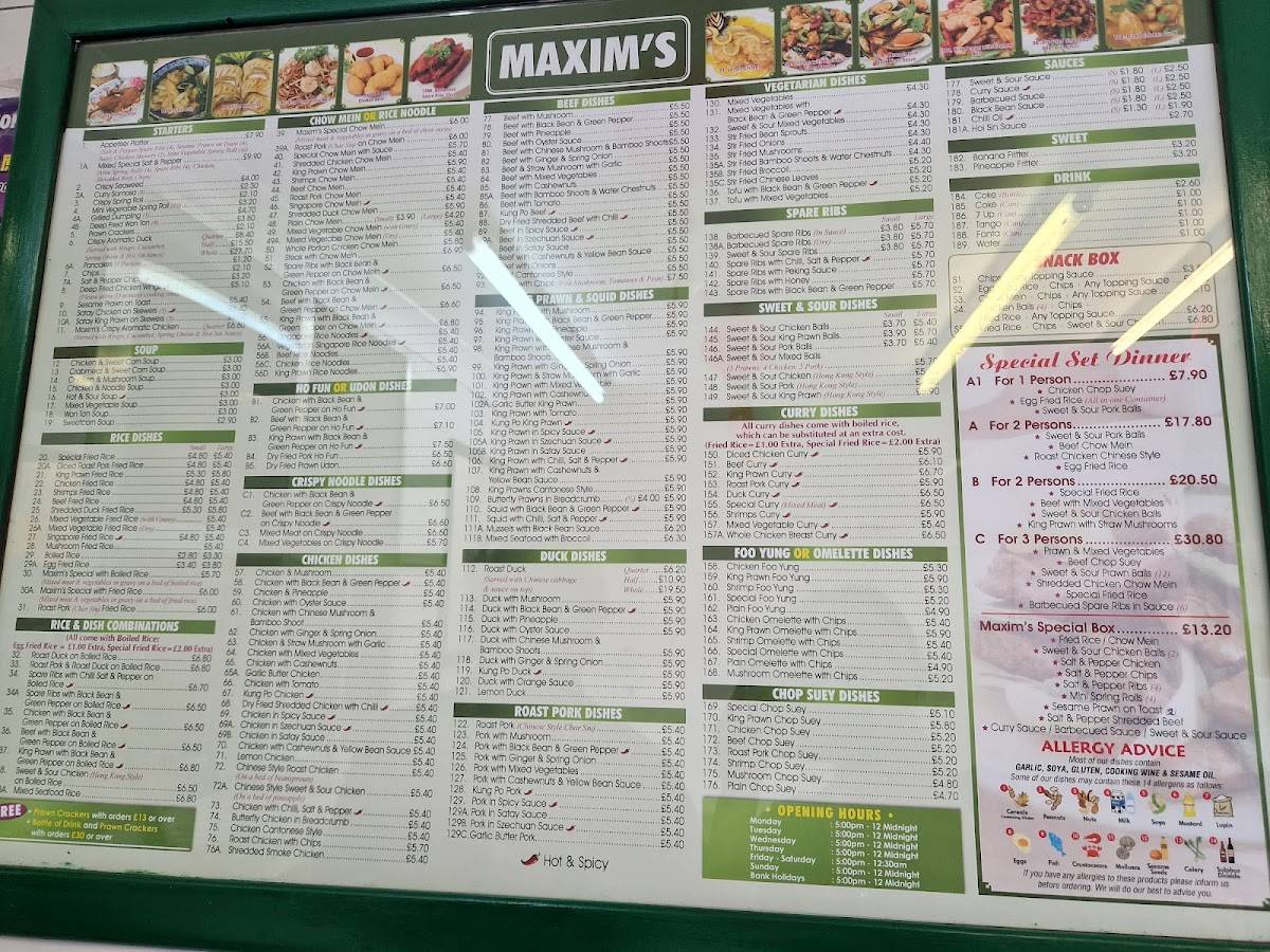 Menu at Maxim's fast food, London
