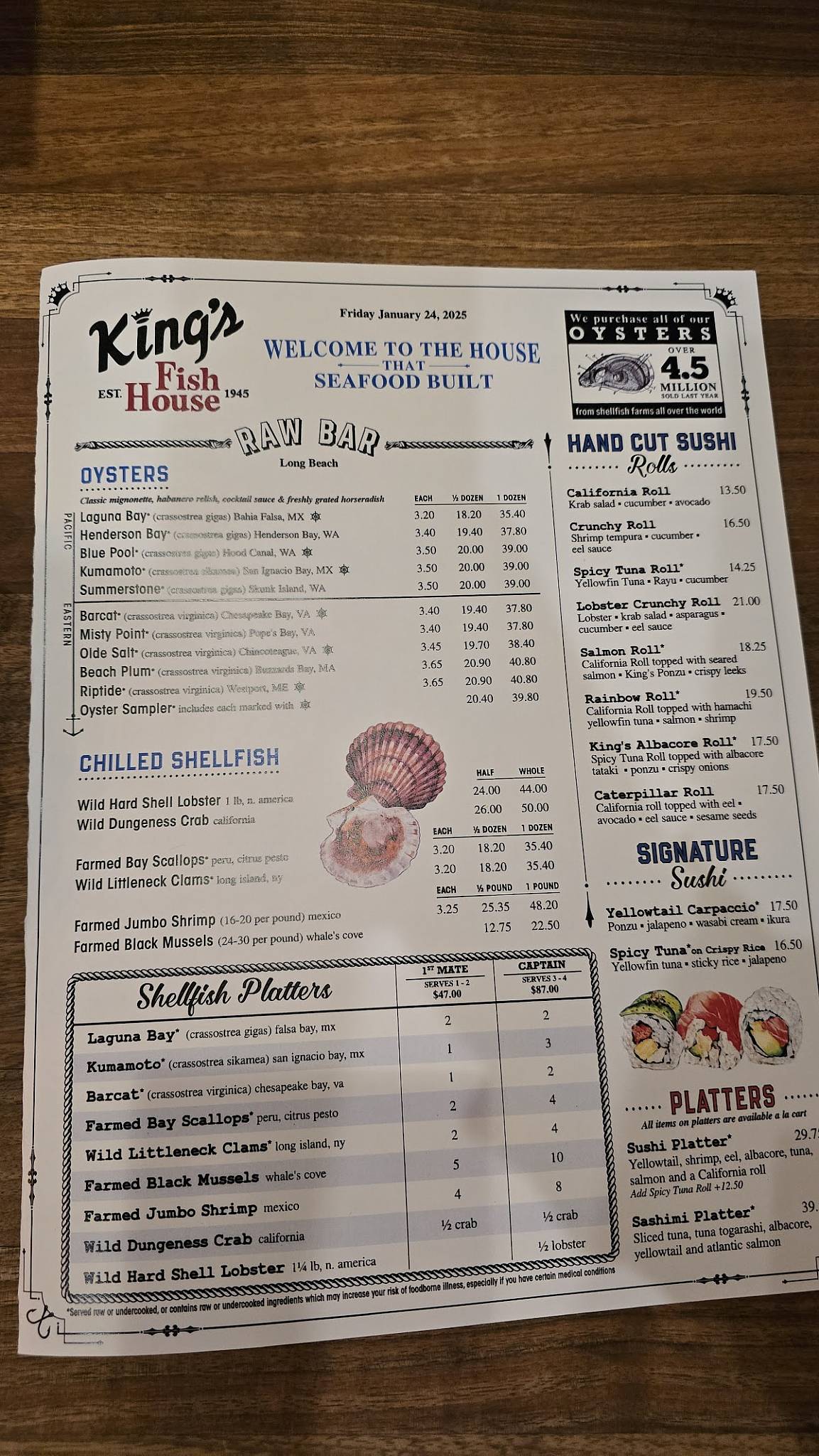 Menu at King's Fish House restaurant, Long Beach