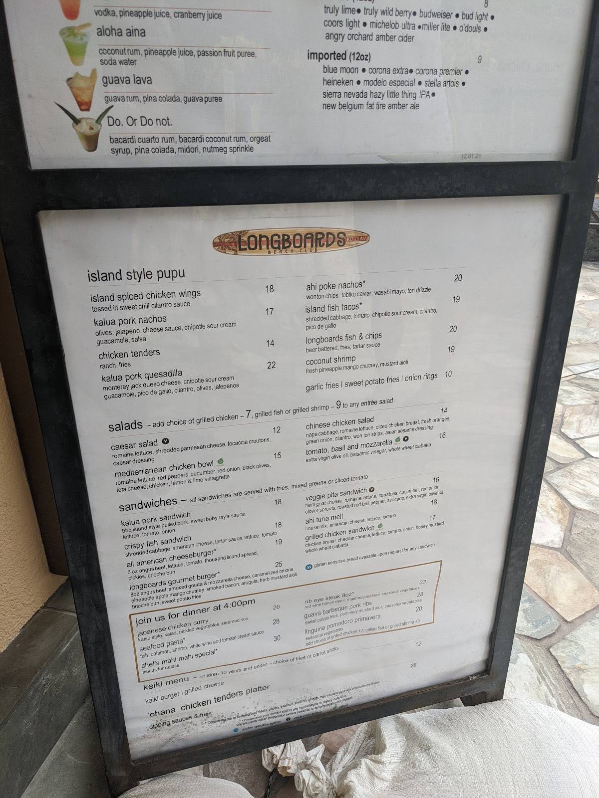 Menu at Longboards pub & bar, Kapolei