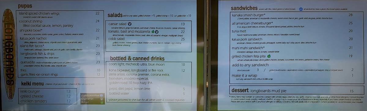 Menu at Longboards pub & bar, Kapolei