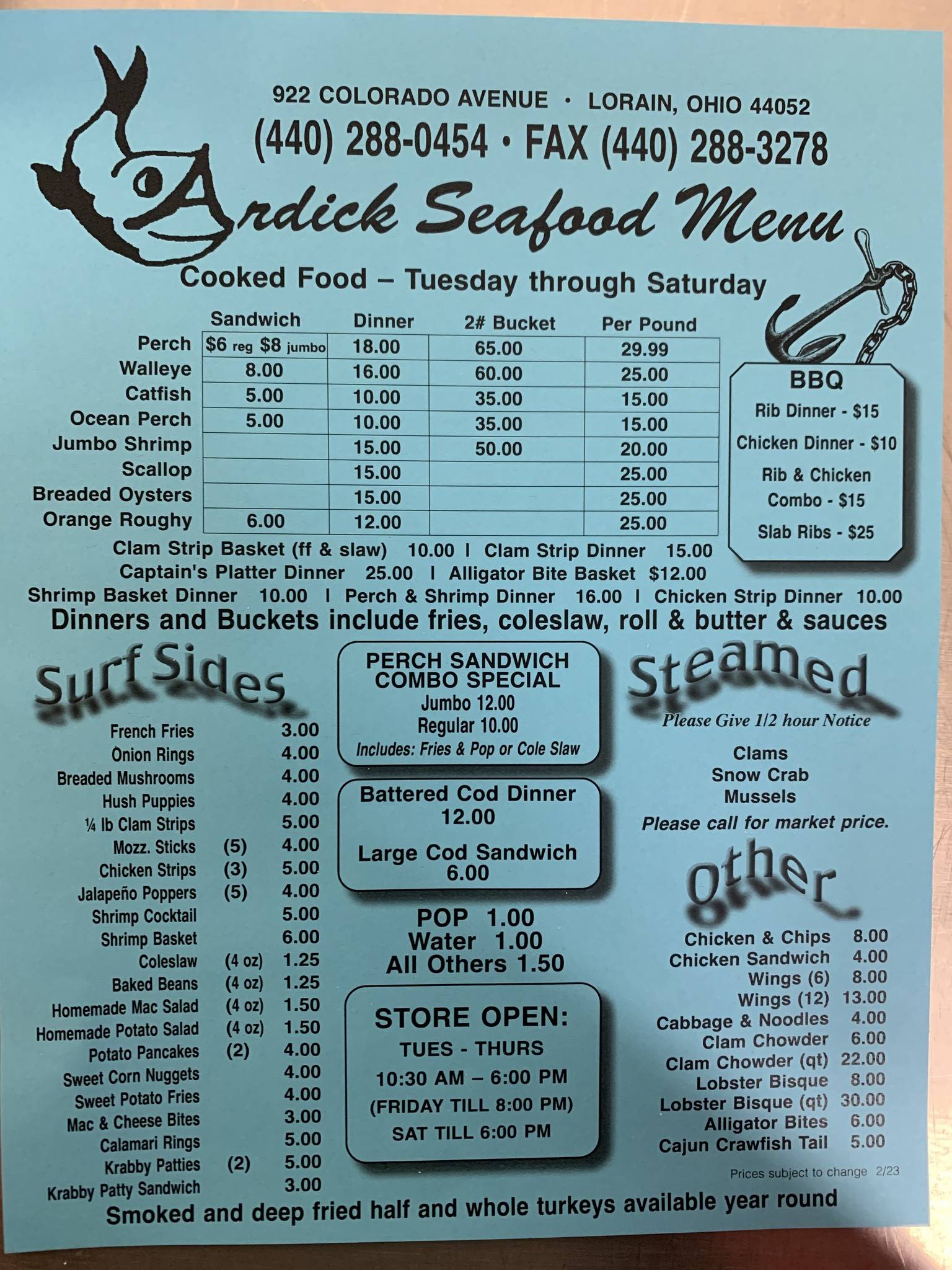 Menu at Ardick Seafood restaurant, Lorain