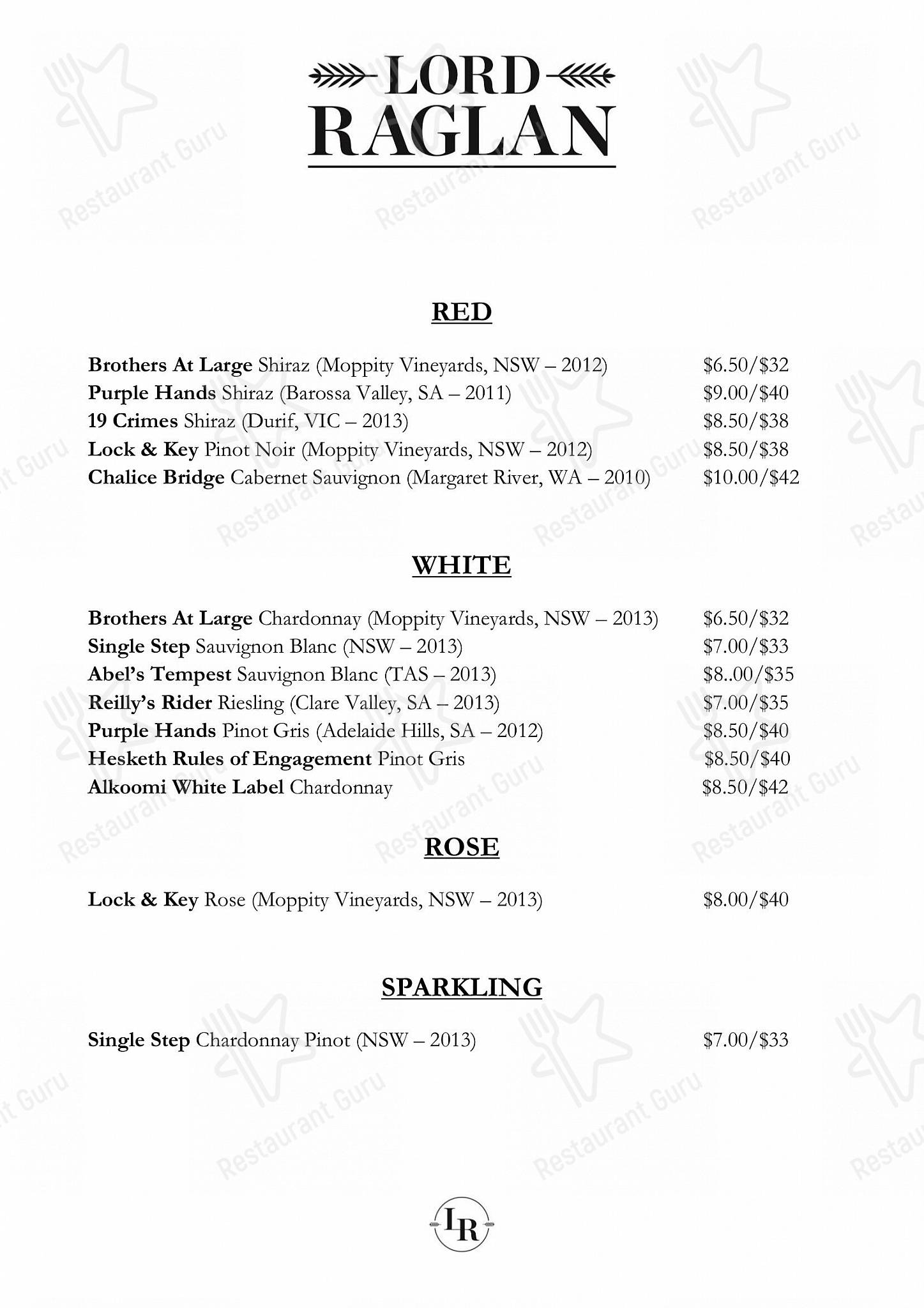 Menu at Lord Raglan Hotel pub & bar, Alexandria