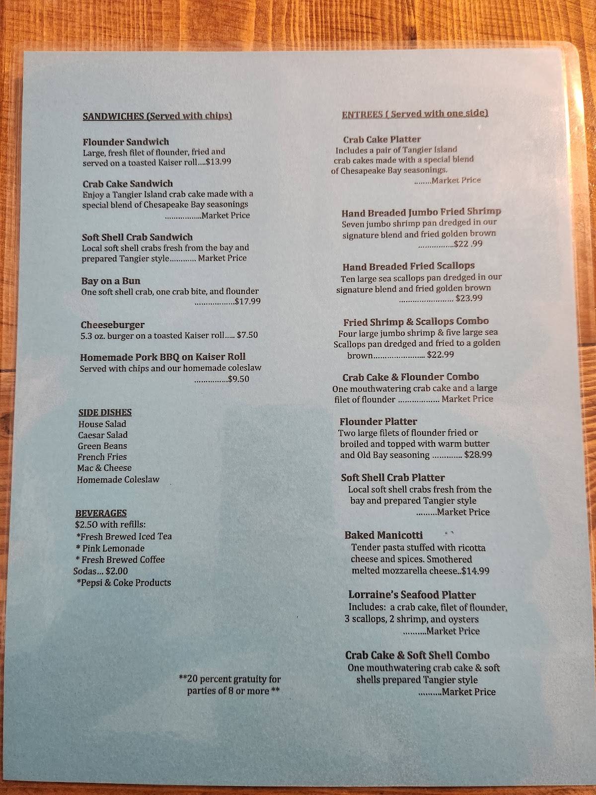 Menu at Lorraine's Seafood Restaurant, Tangier