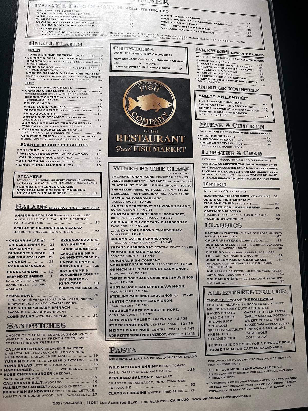 Menu at Original Fish Co. restaurant, Los Alamitos