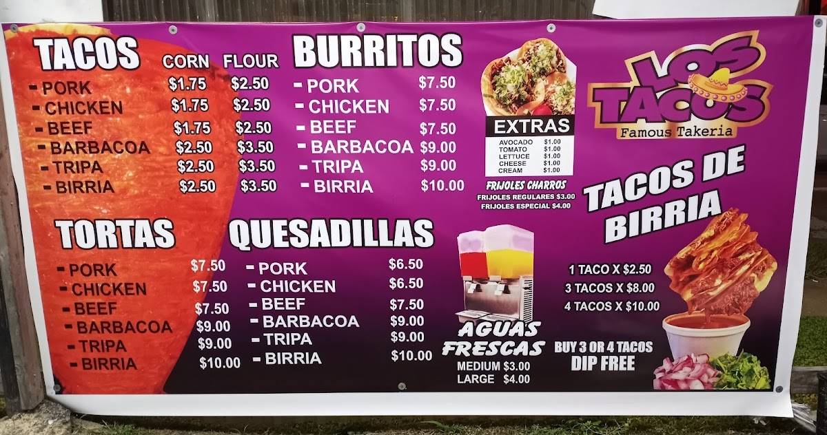 Menu at Los Tacos Famous Takeria restaurant, Houston, Clay Rd