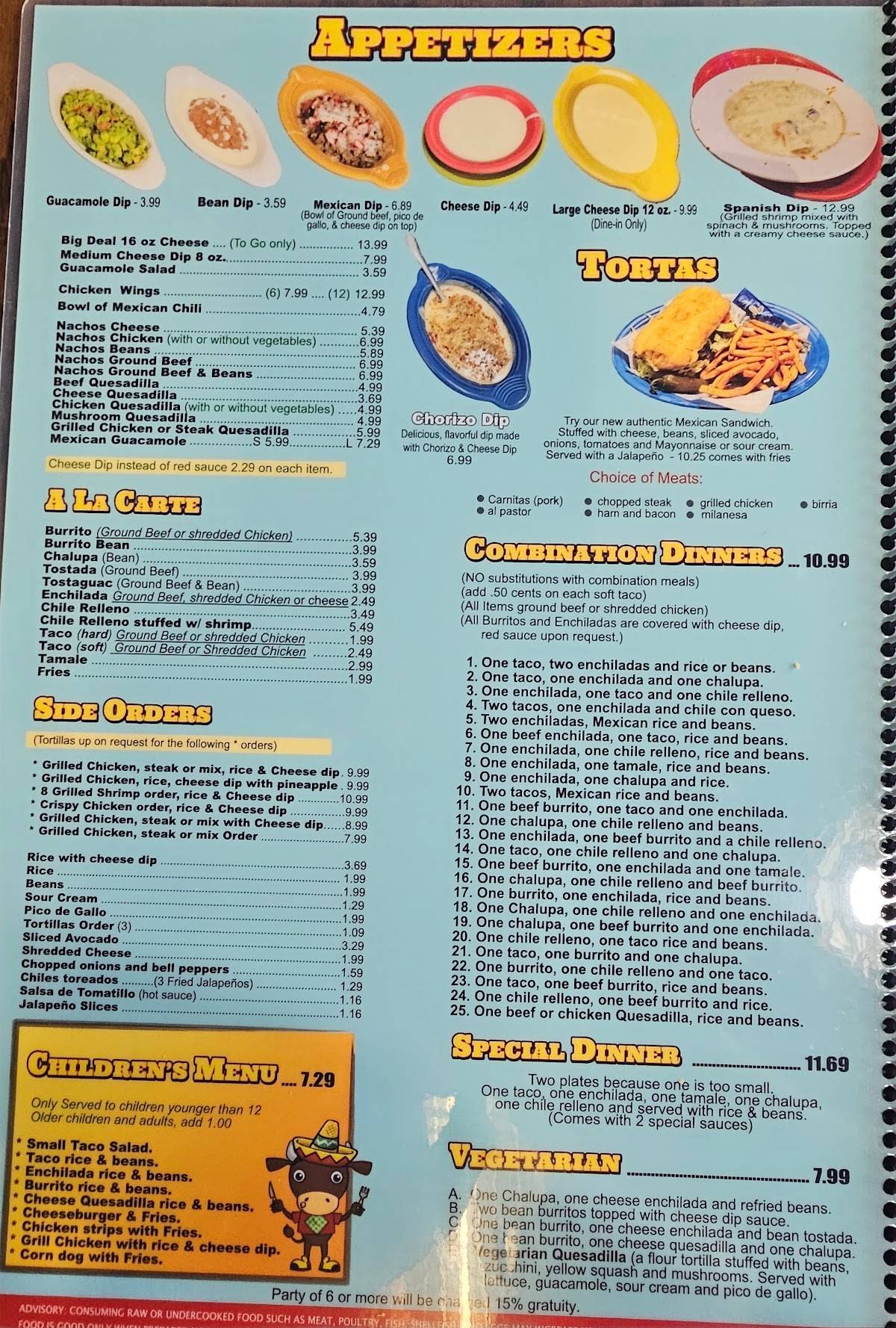 Menu at Los Toros restaurant, Tupelo, Oakview Dr