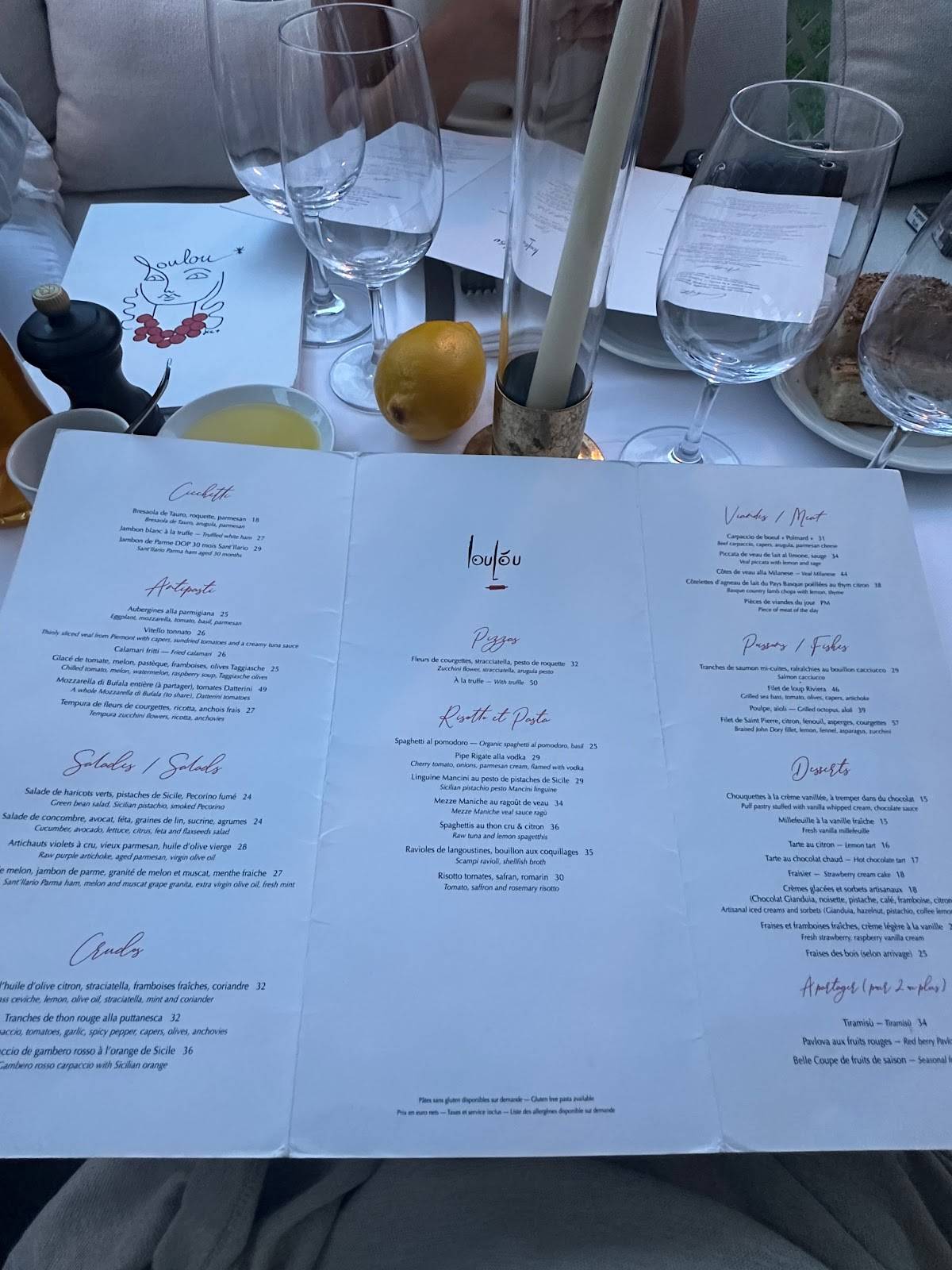 Menu at Loulou restaurant, Paris, 107 Rue de Rivoli