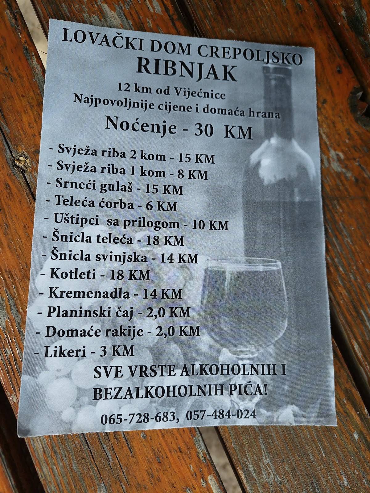 Menu at Lovački dom Crepoljsko restaurant, Bosnia and Herzegovina