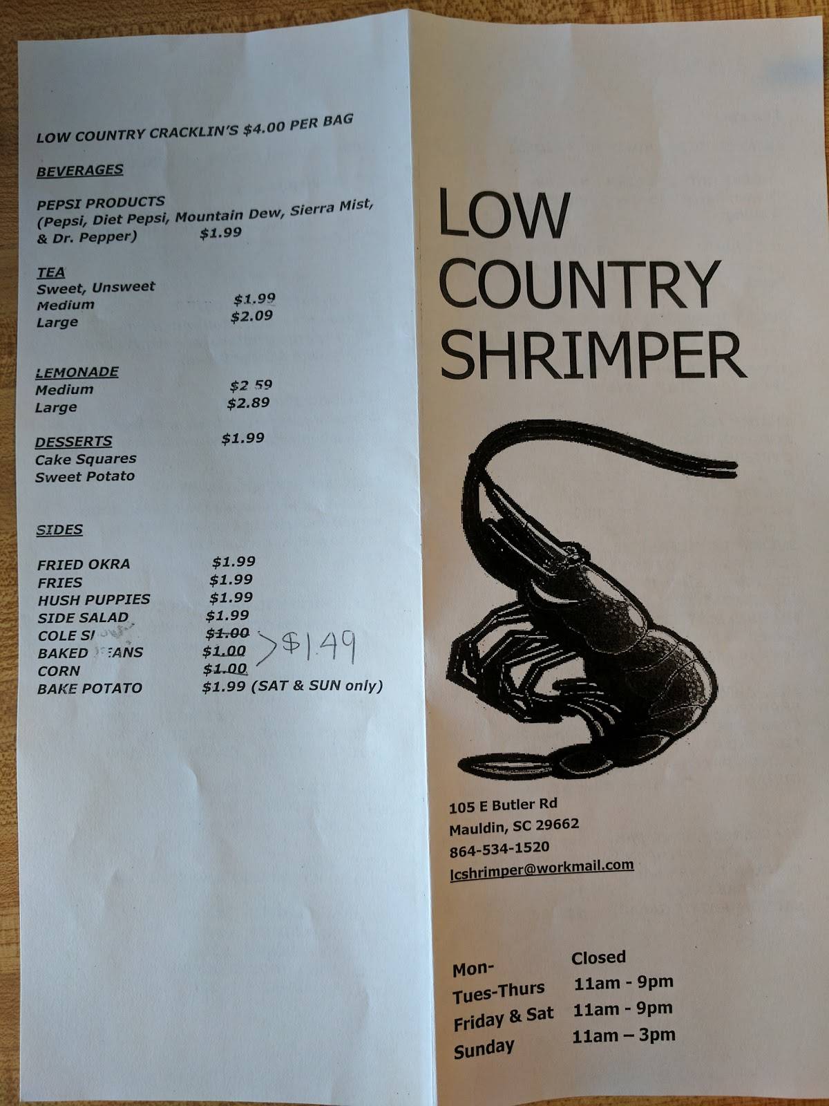 Menu at Low Country Shrimper restaurant, Mauldin