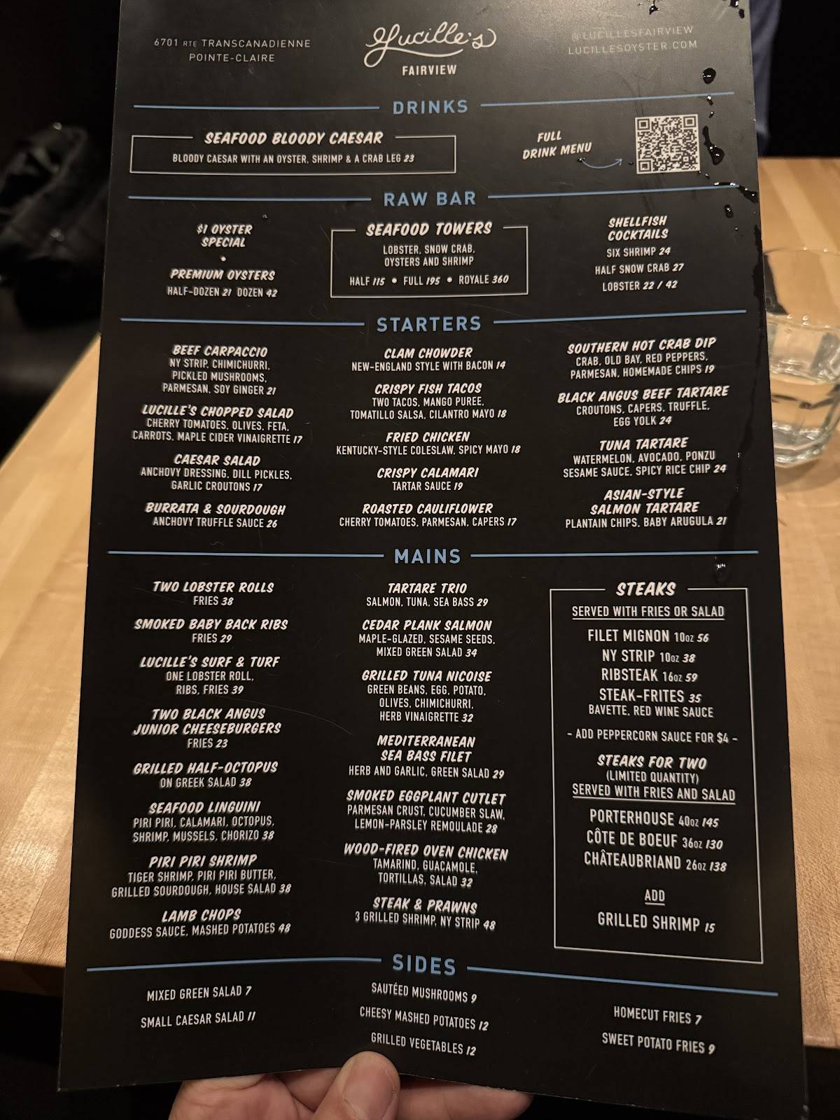 Menu au Lucille's Fairview Pointe-Claire pub et bar, Pointe-Claire