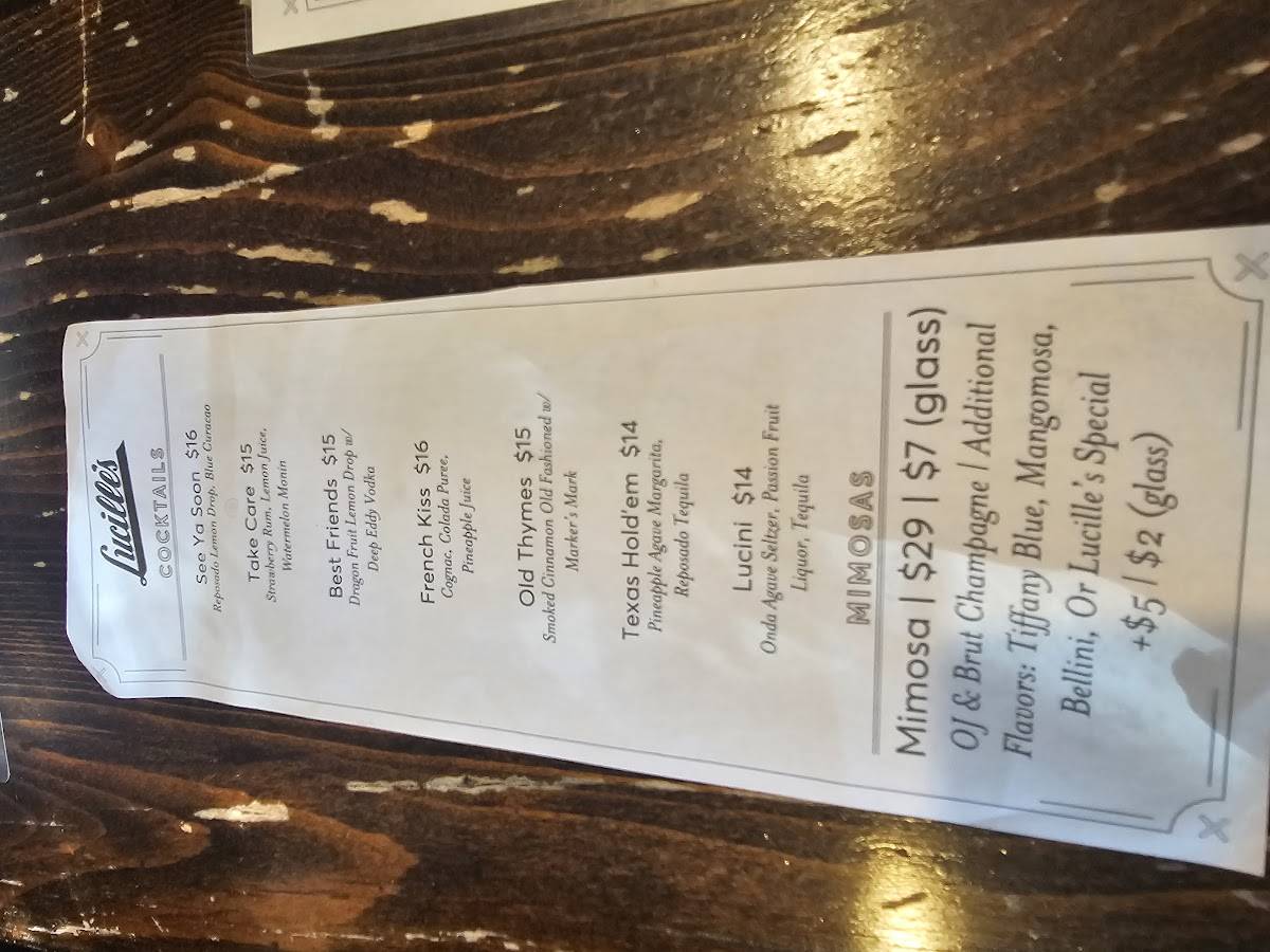 Menu at Lucille's restaurant, Houston