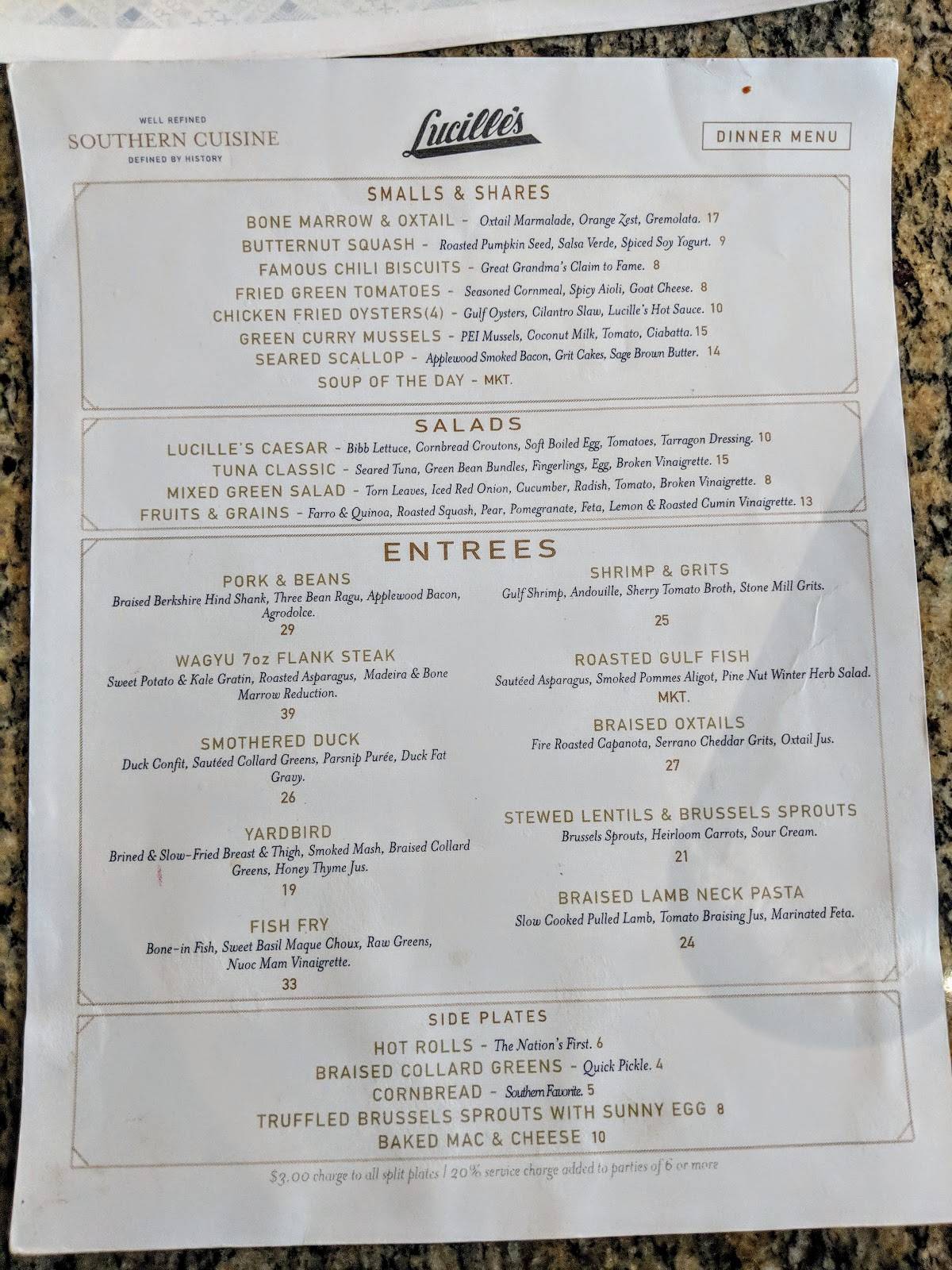 Menu at Lucille's restaurant, Houston
