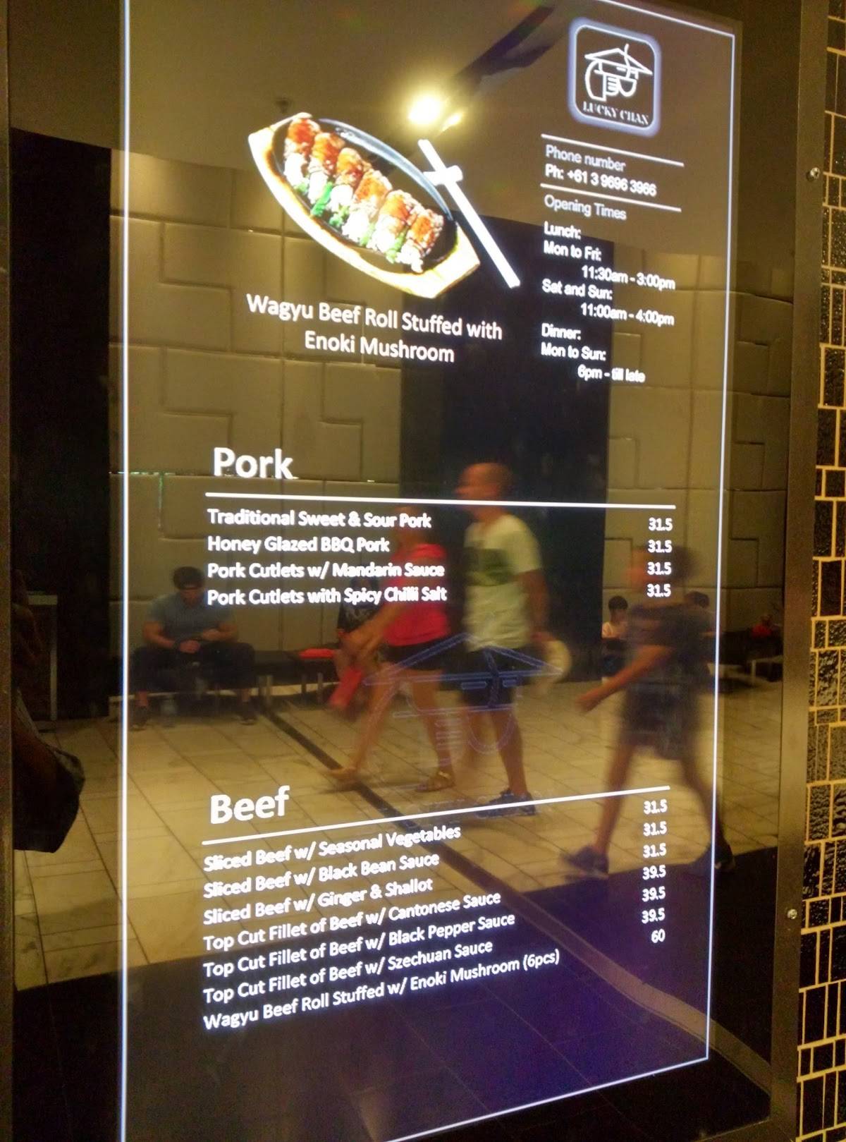 Menu at Lucky Chan restaurant, Southbank, Crown Casino