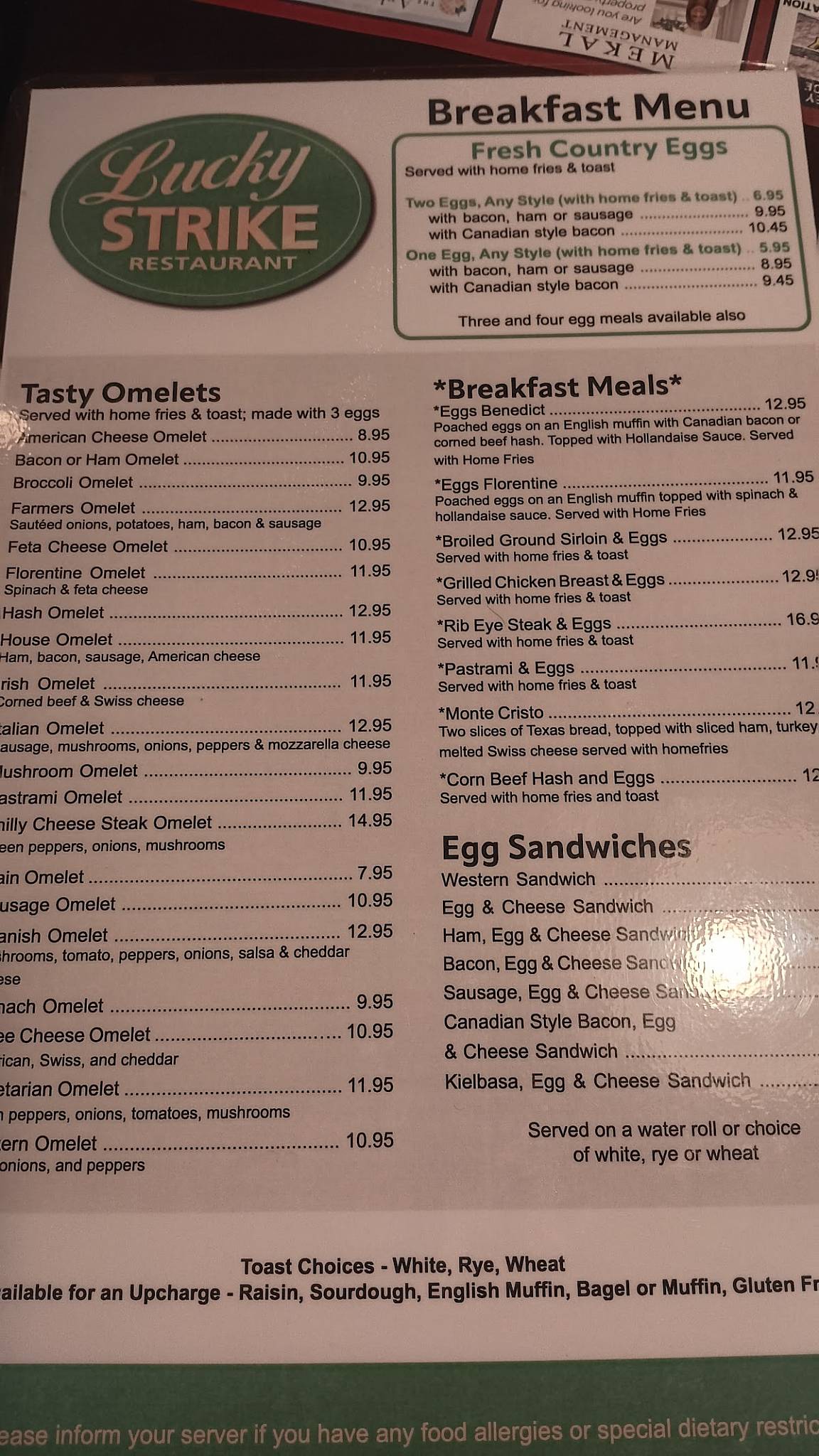 Menu at Lucky Strike Restaurant, Chicopee