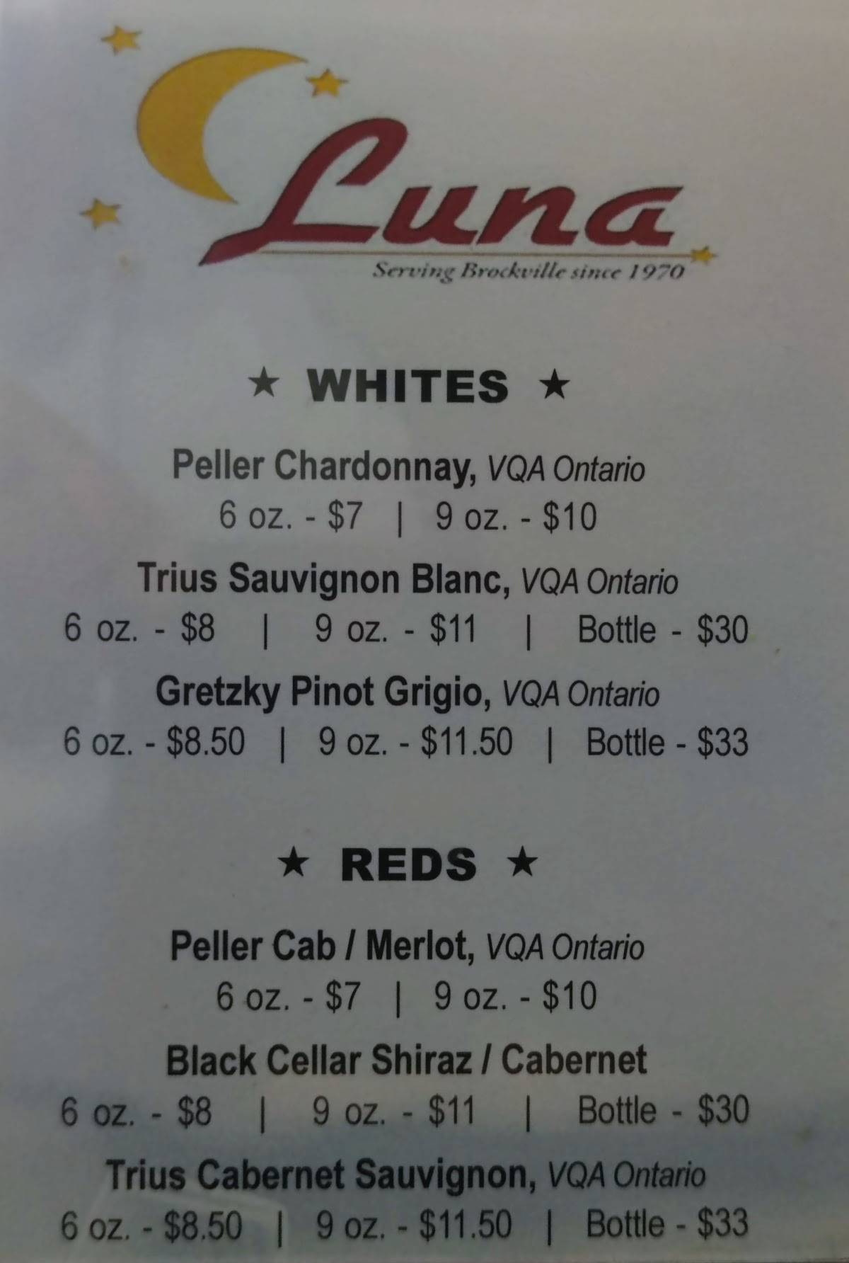 Menu at Luna Pizzeria Restaurant, Brockville