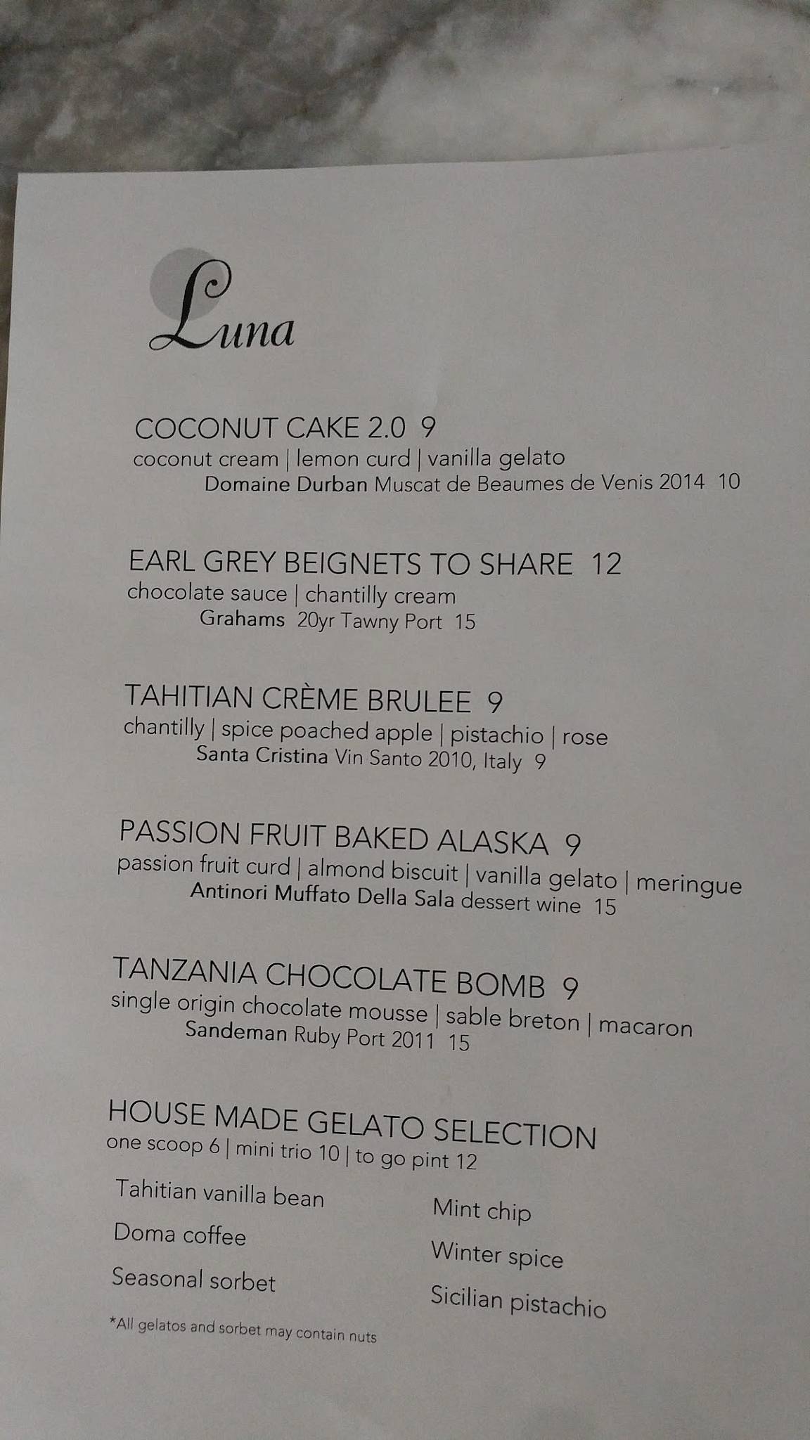 Menu at Luna restaurant, Spokane