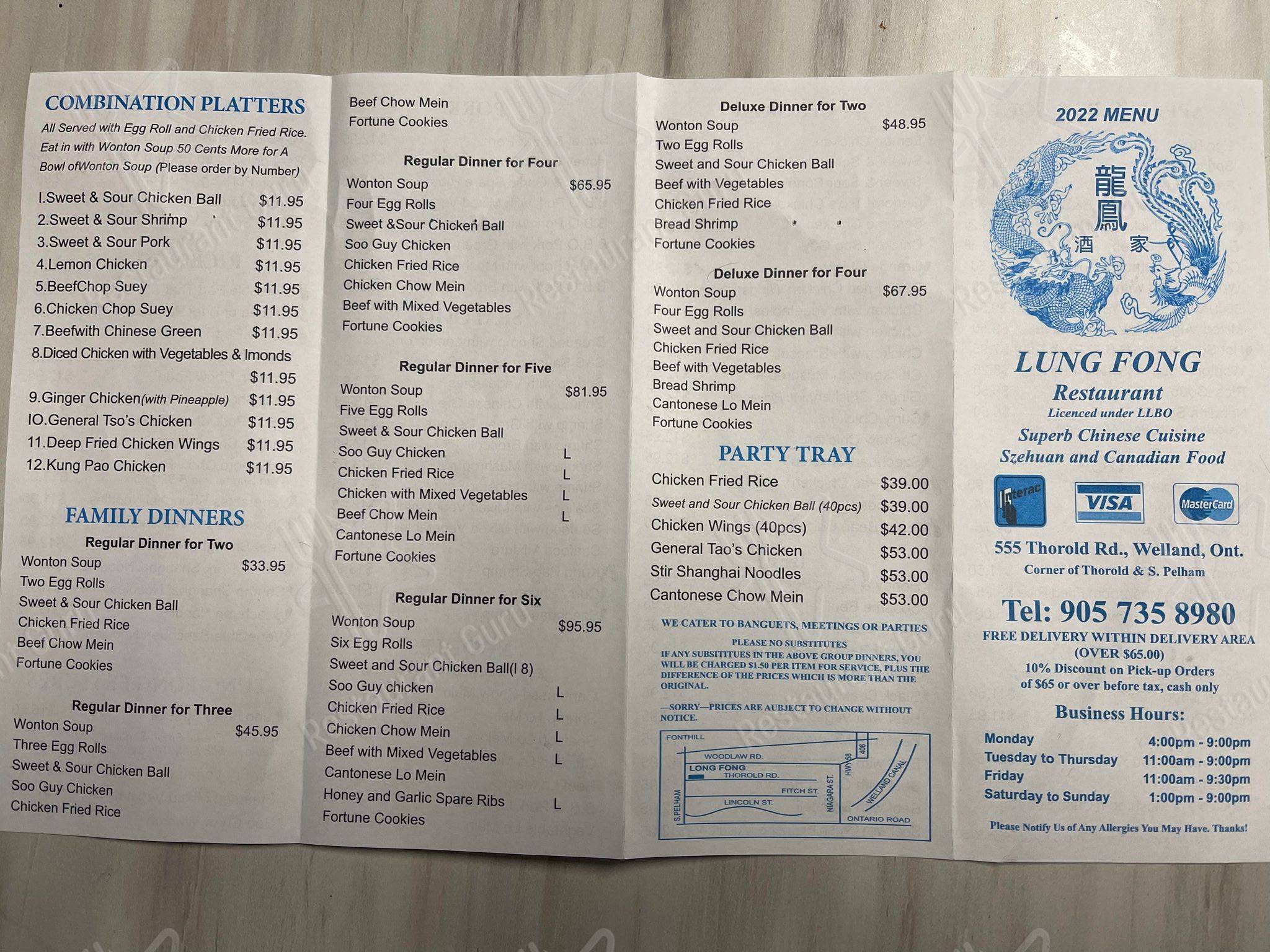 Menu at Lung Fong Restaurant, Welland