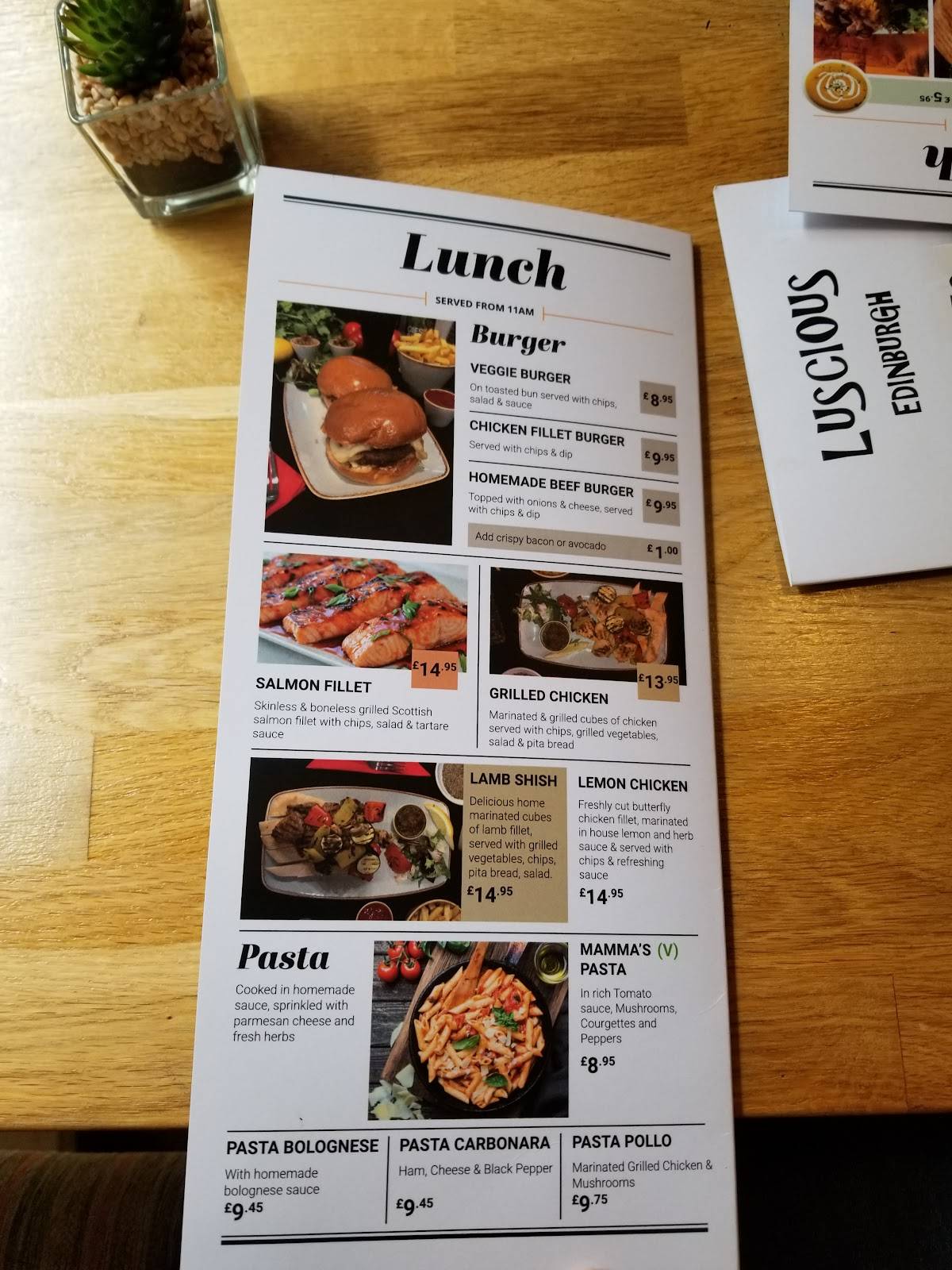 Menu at Luscious restaurant, Edinburgh