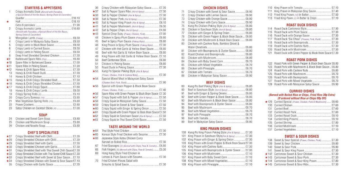 Menu at Great Wall restaurant, Lydney